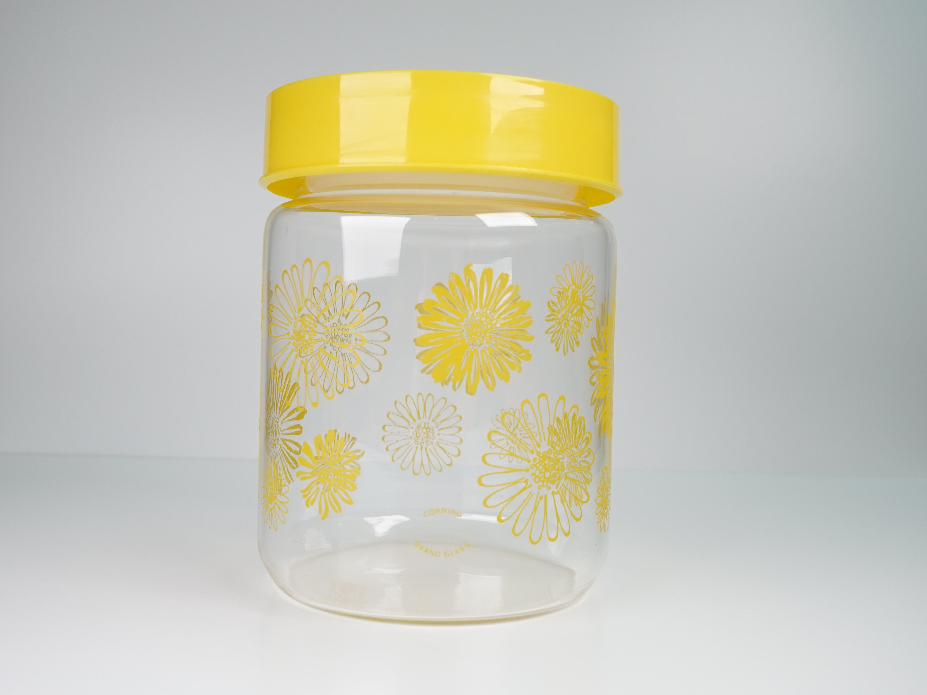 Vintage Corning Brand Glass Canister With Yellow Daisy Design and ...