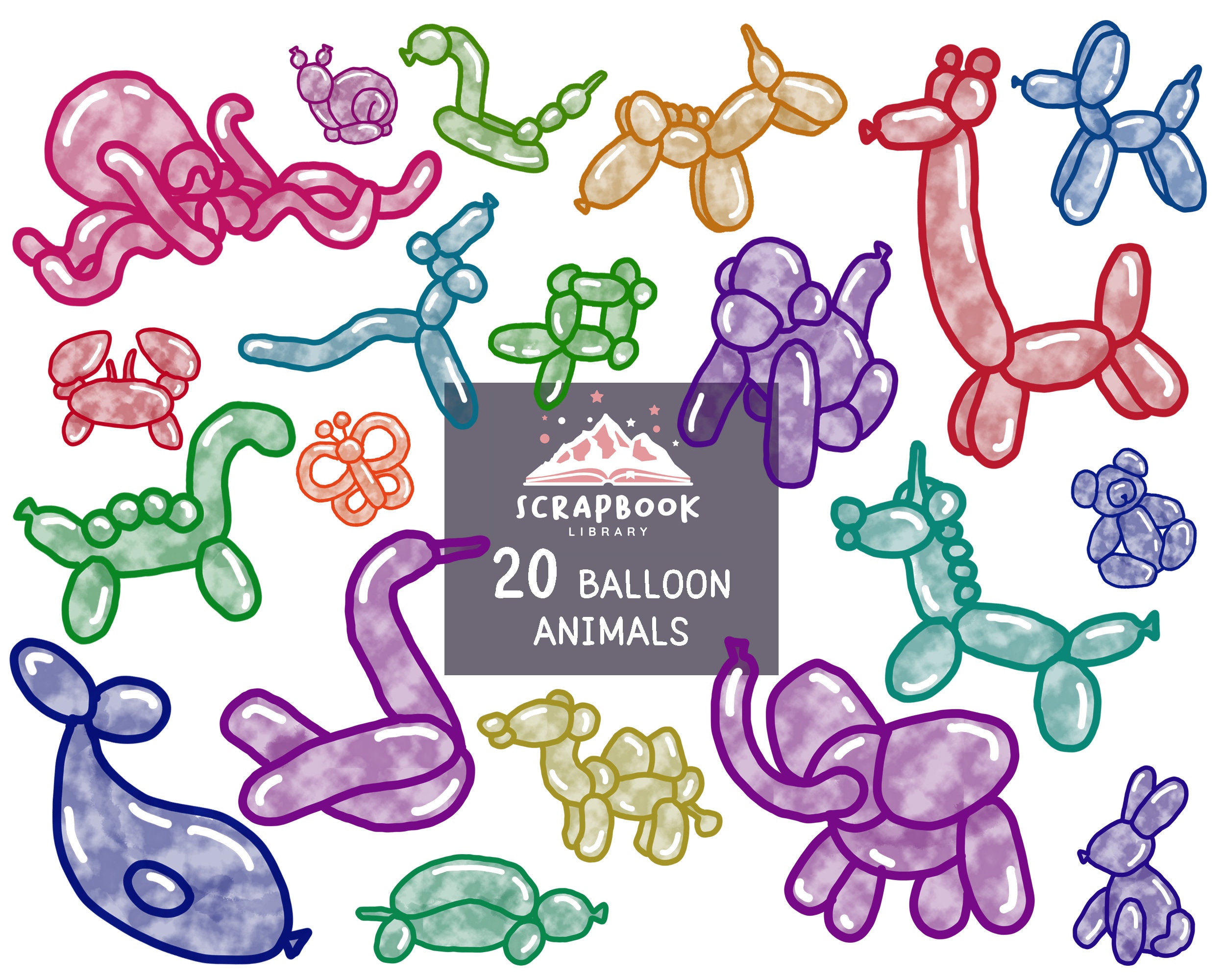 Balloon Animal Clipart, Colorful Party Animal Pattern, Rainbow Color ...