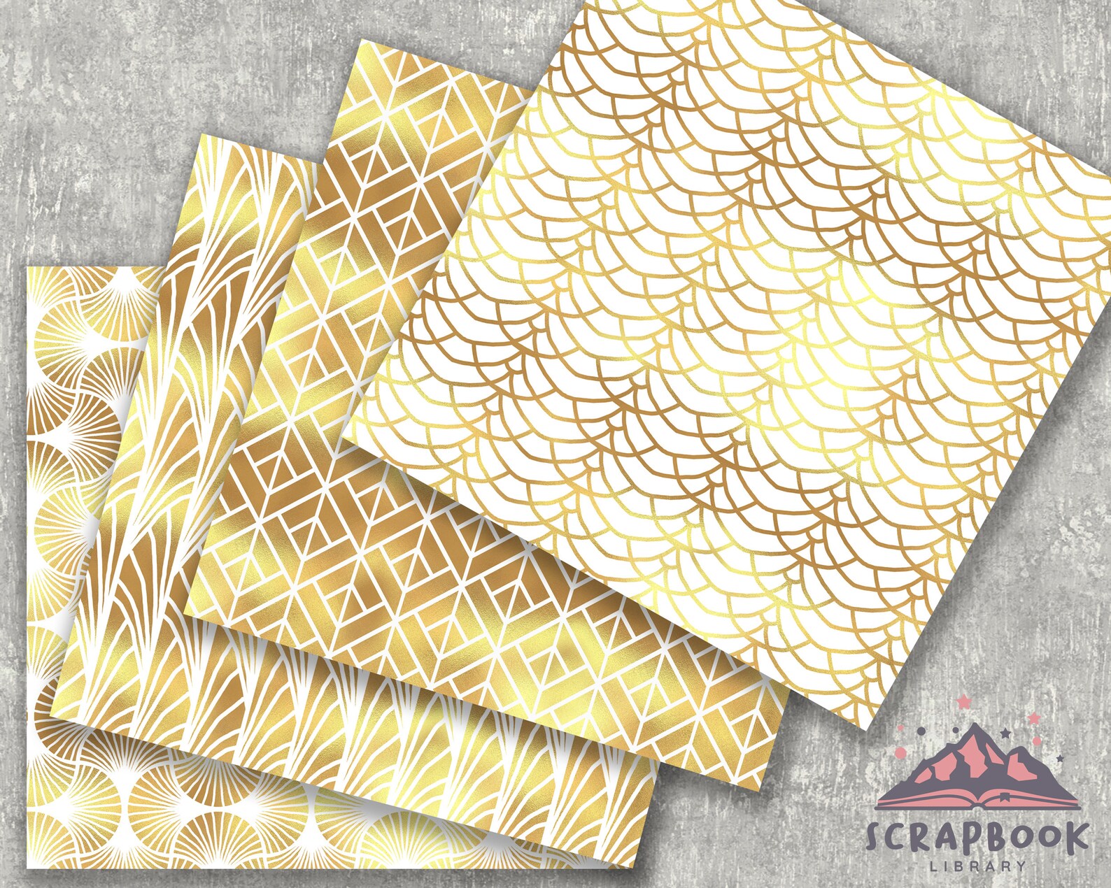 Art Deco Pattern Paper, White Geometrical Shape, White and Gold Flower ...