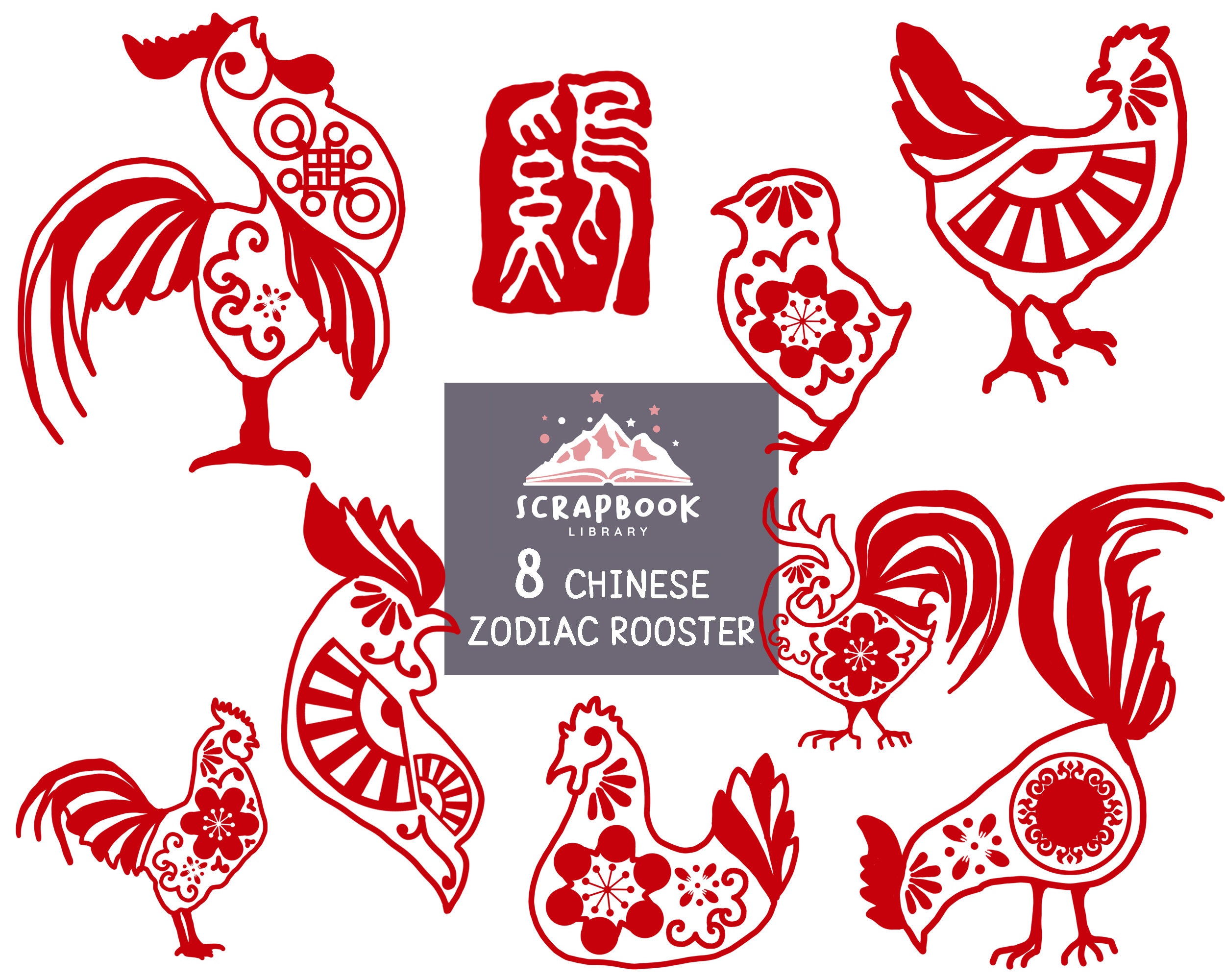 Chinese Zodiac Rooster Ornaments Clipart, Asian Chicken Pattern ...