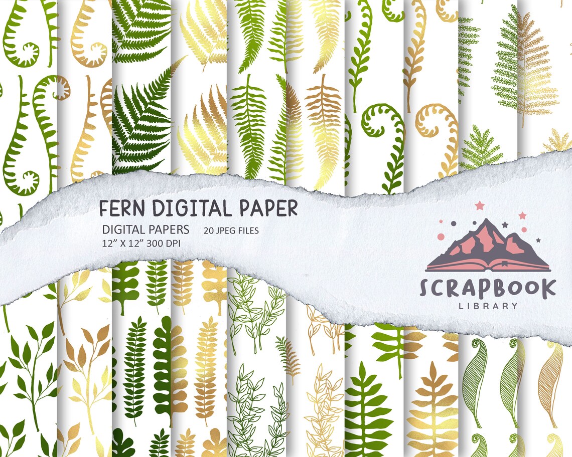 Fern Digital Paper, Fern Leaf Pattern Digital Paper, Scrapbook Paper ...