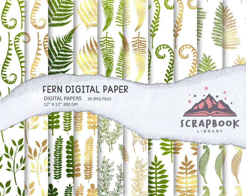 Fern Digital Paper, Fern Leaf Pattern Digital Paper, Scrapbook Paper ...