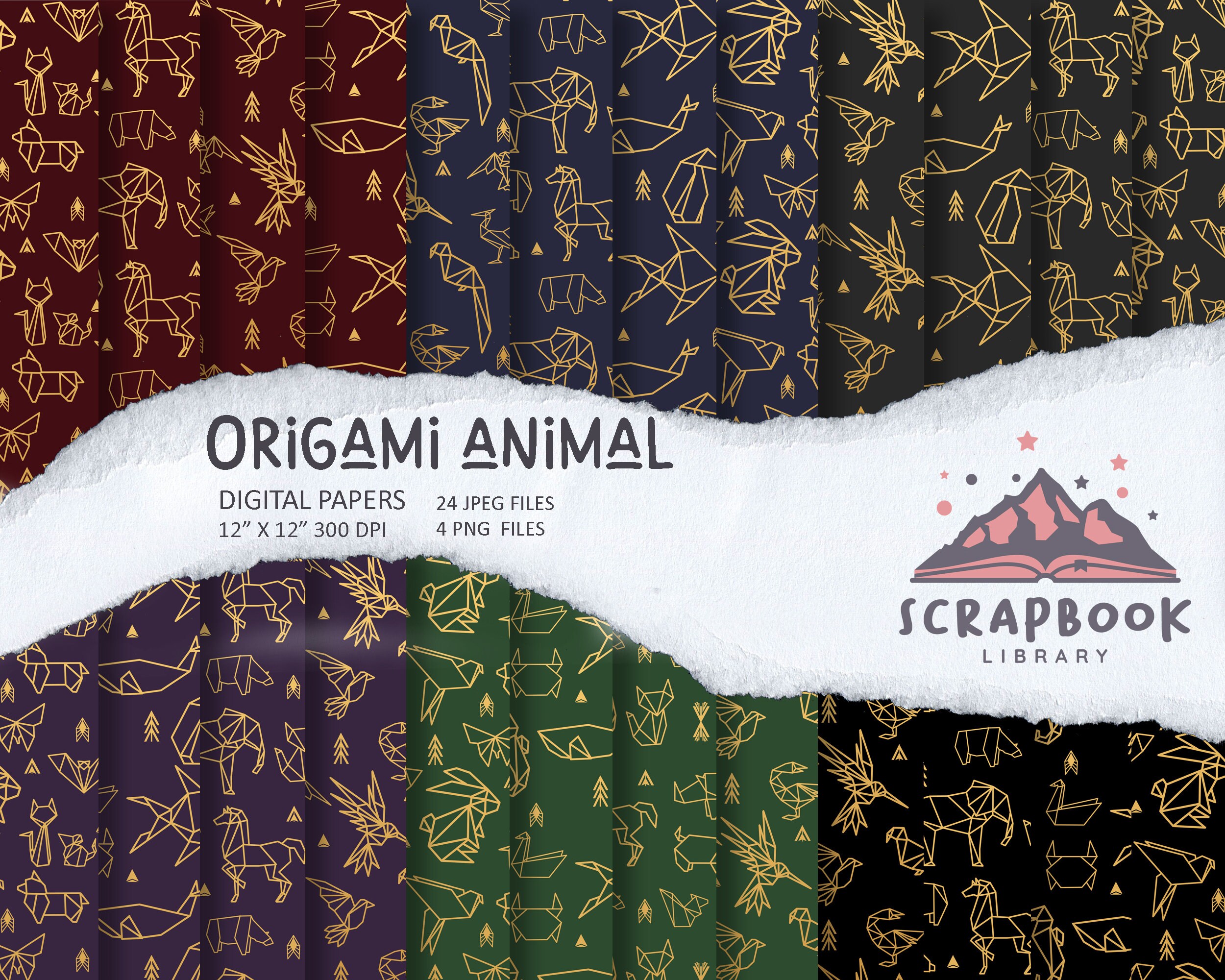 Origami Digital Paper, Animal Origami Pattern Digital Paper, Scrapbook ...