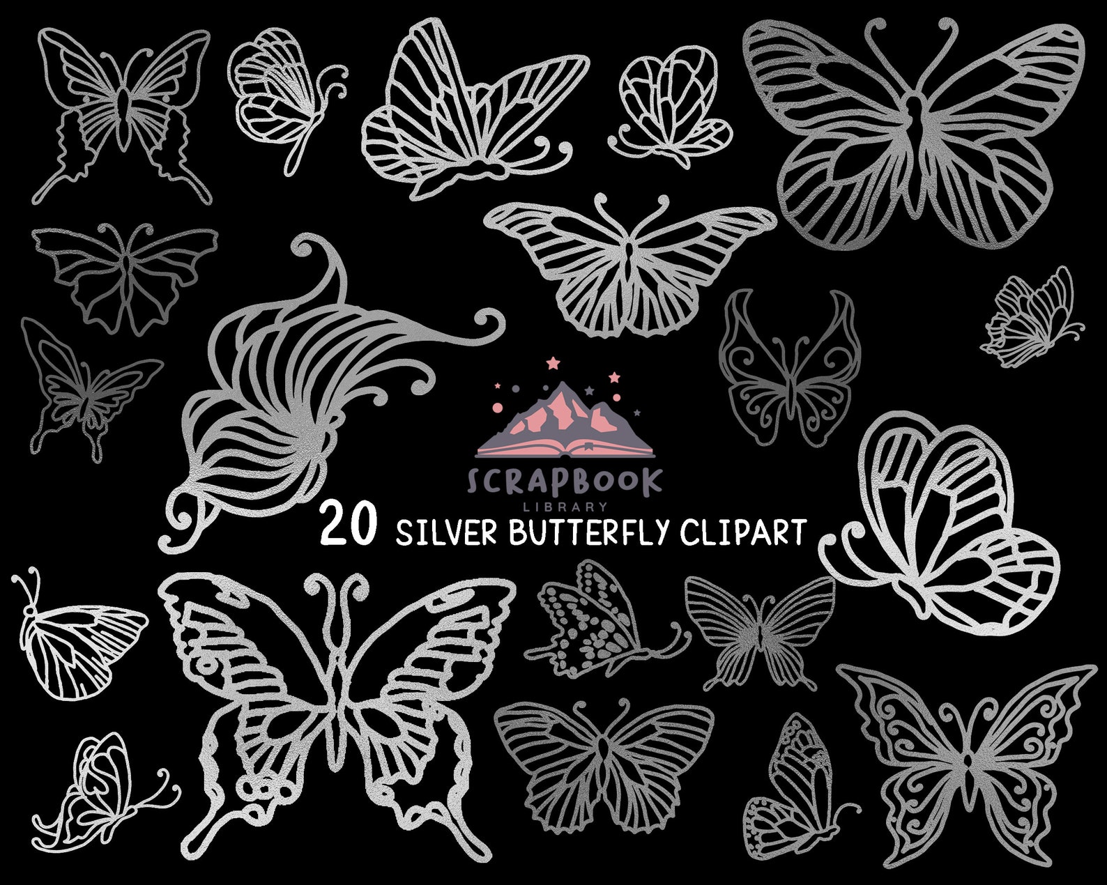 Metallic Silver Butterfly Clipart, Moth Wings, Beautiful White Gold ...