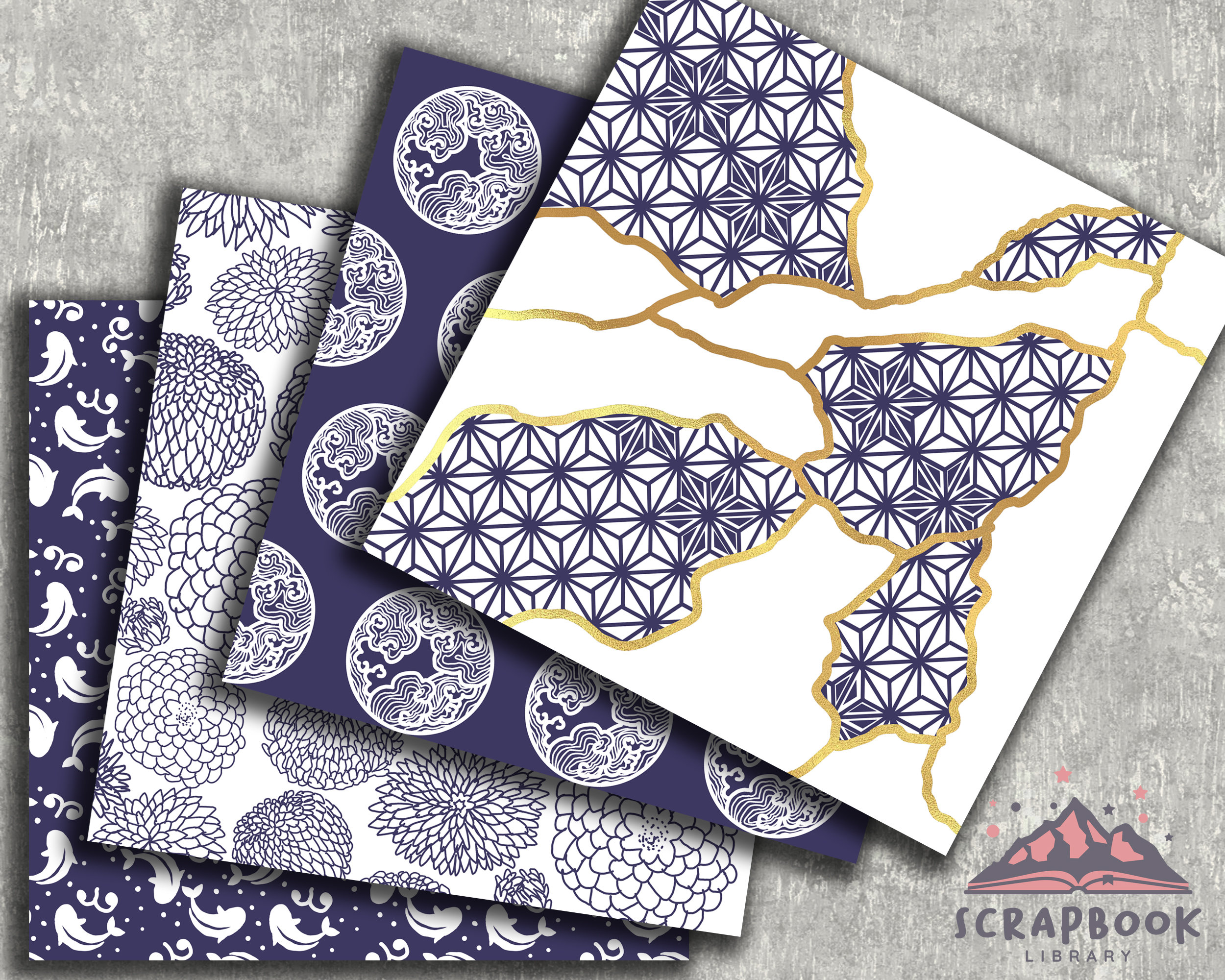 Japanese Washi Digital Paper, Japanese Elements Pattern Paper ...