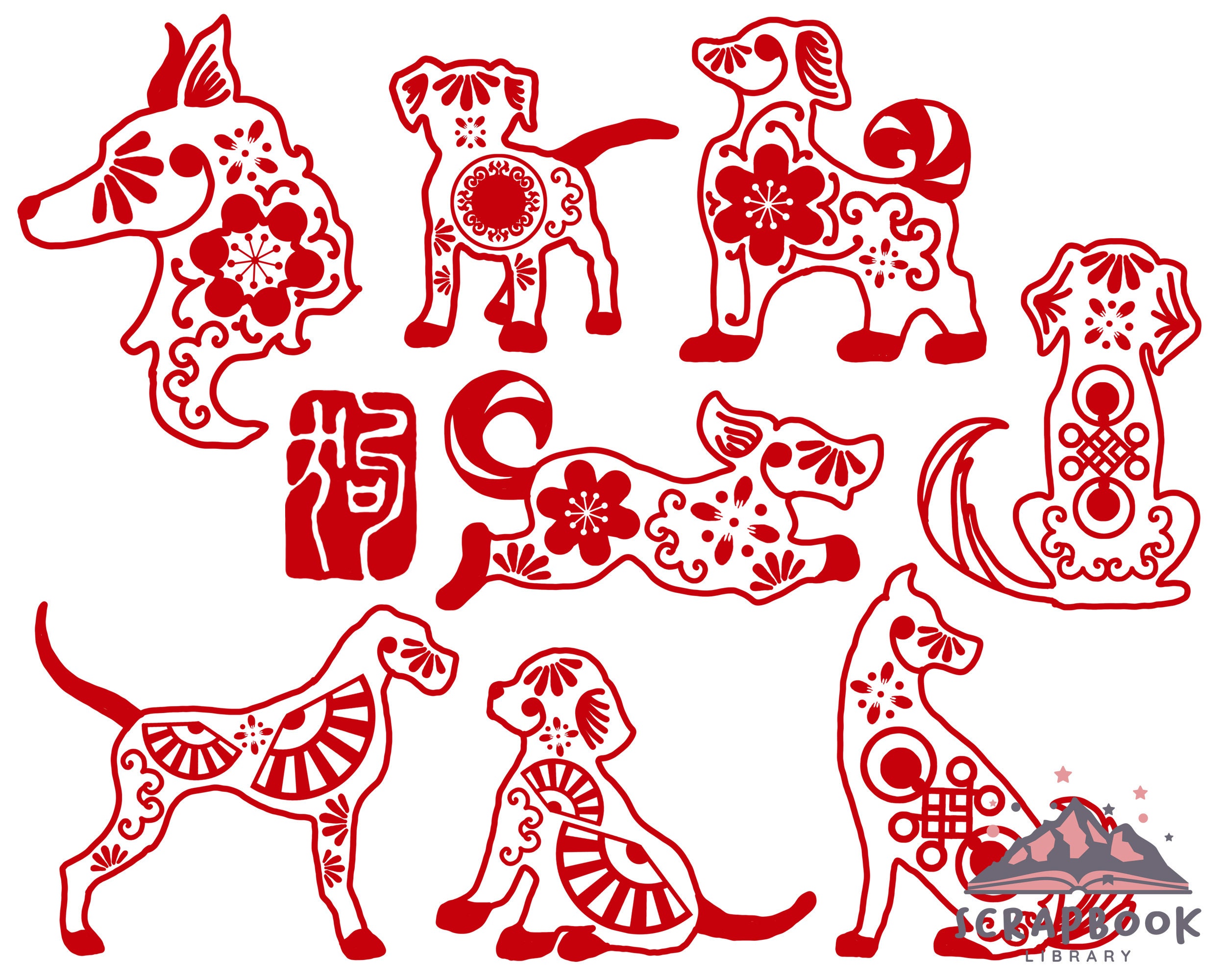 Chinese Zodiac Dog Ornaments Clipart, Asian Puppy Pattern, Authentic ...