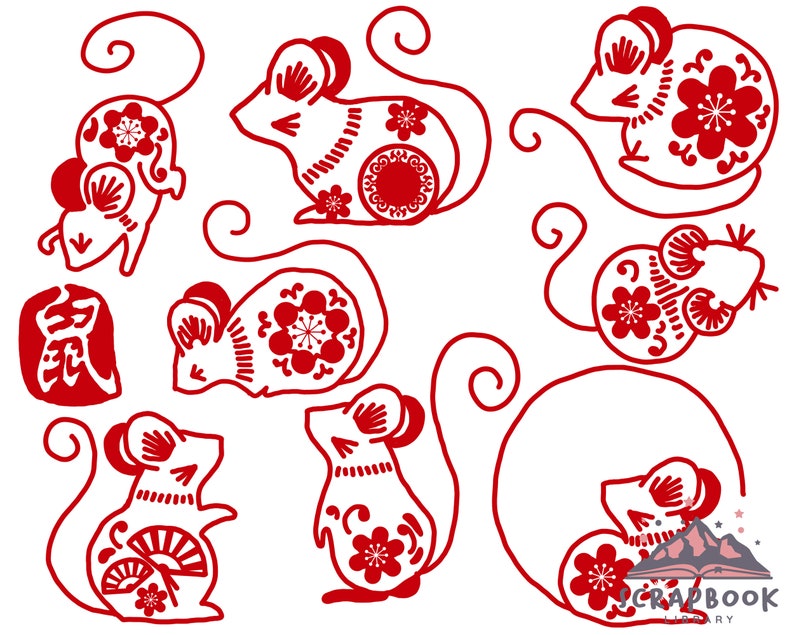 8 Chinese Zodiac Rat Ornaments Clipart, Asian Rats Pattern, Authentic ...