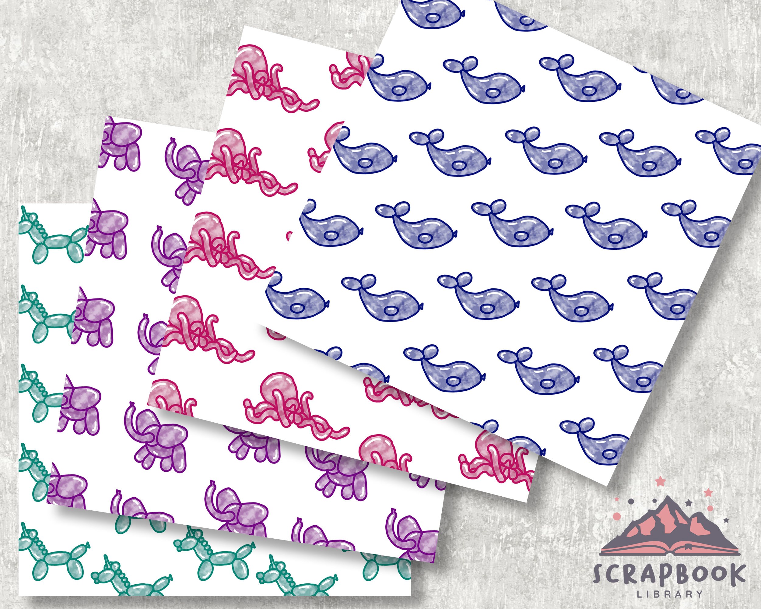 Balloon Animal Digital Paper, Colorful Party Animal Pattern, Rainbow ...