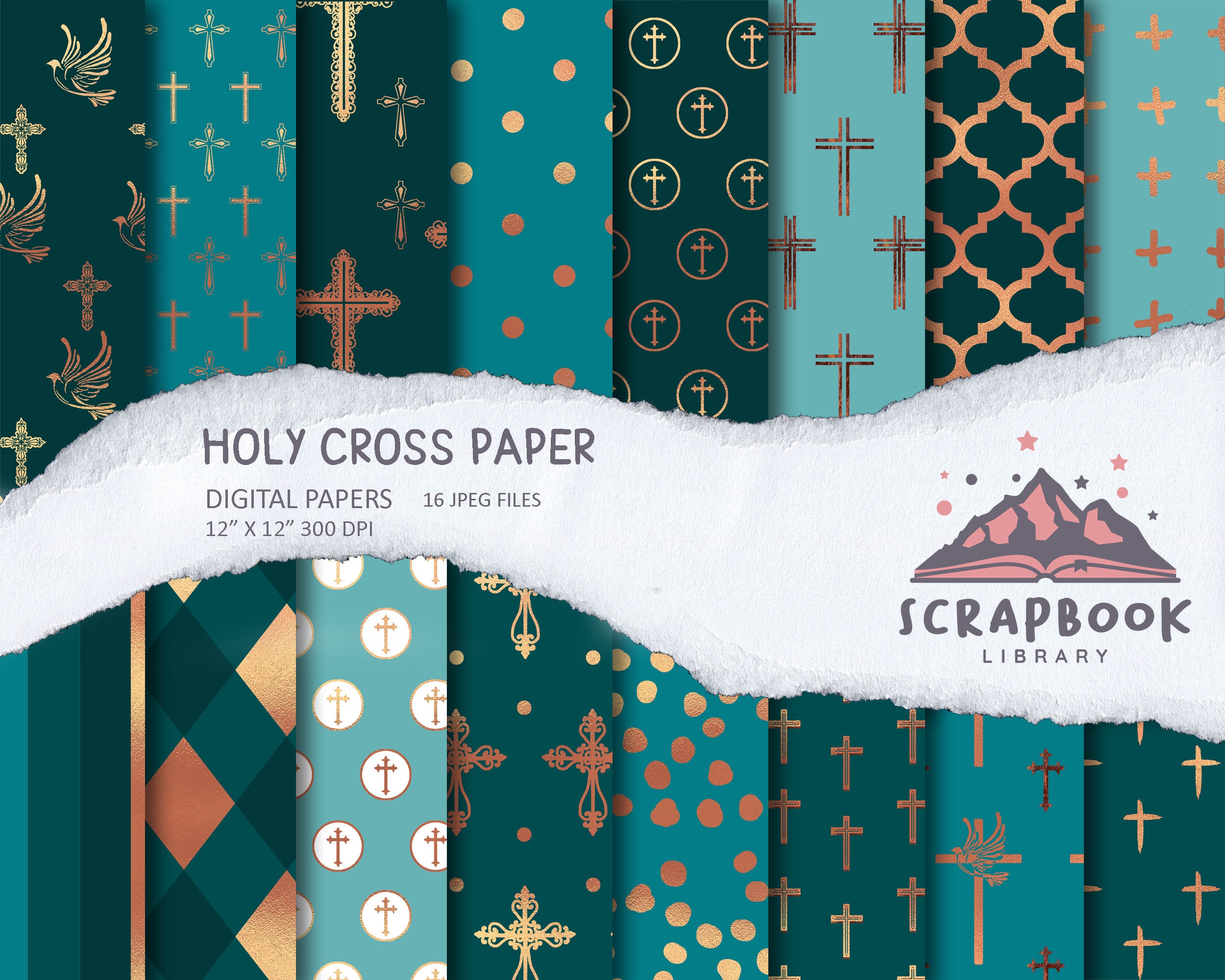 Teal & Copper Holy Cross Digital Paper, First Communion, Religious ...