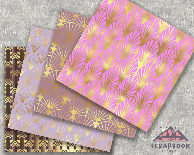 Art Deco Pattern Paper, Pastel Purple Geometrical Shape, Lilac and Gold ...
