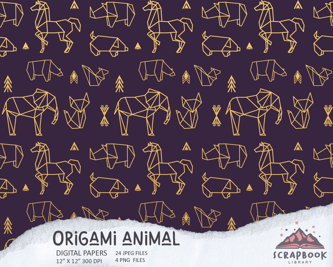 Origami Digital Paper, Animal Origami Pattern Digital Paper, Scrapbook ...