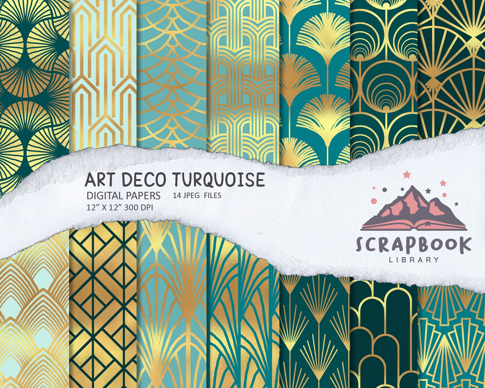 Art Deco Pattern Paper, Turquoise Geometrical Shape, Teal and Gold ...