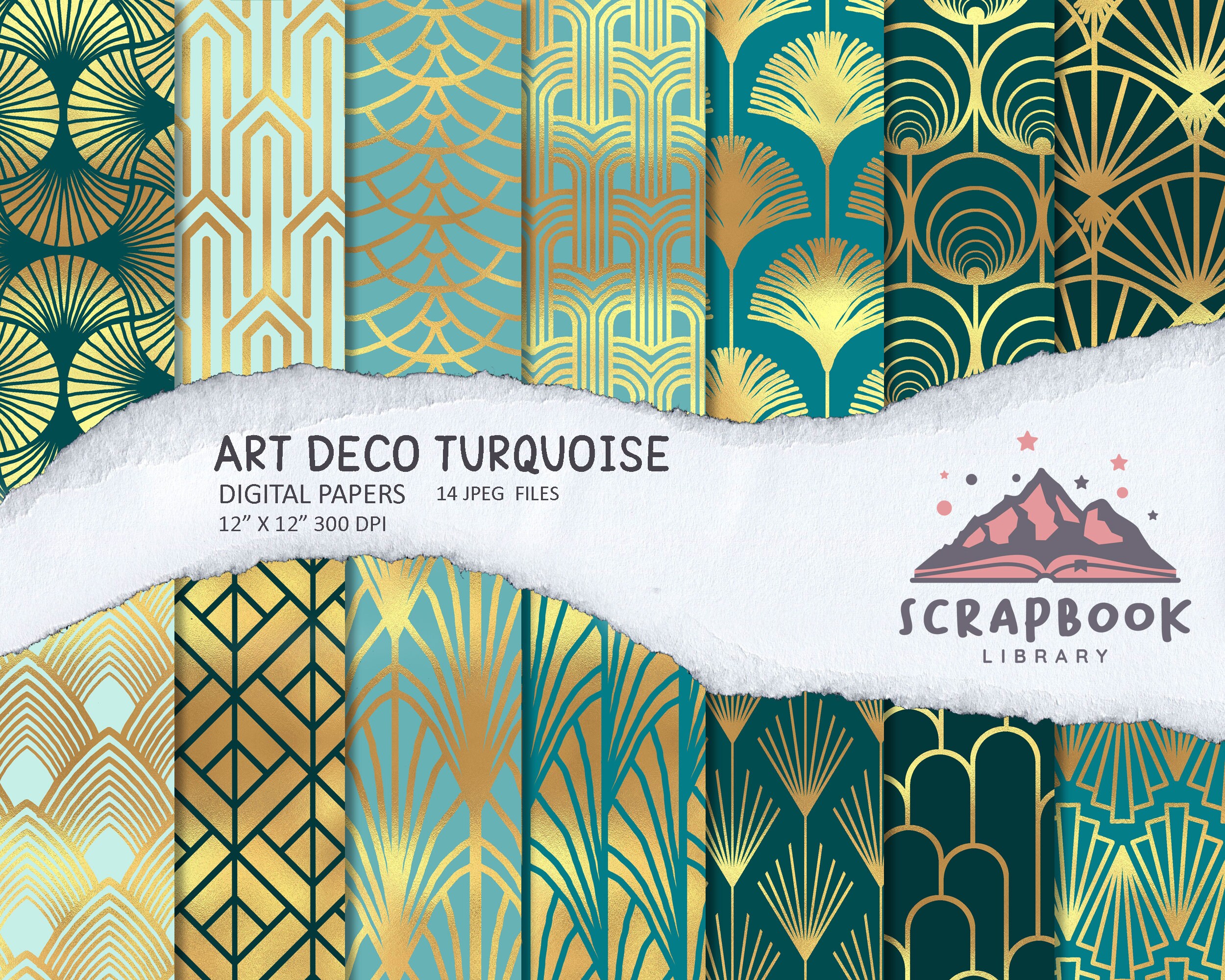 Art Deco Pattern Paper, Turquoise Geometrical Shape, Teal and Gold ...
