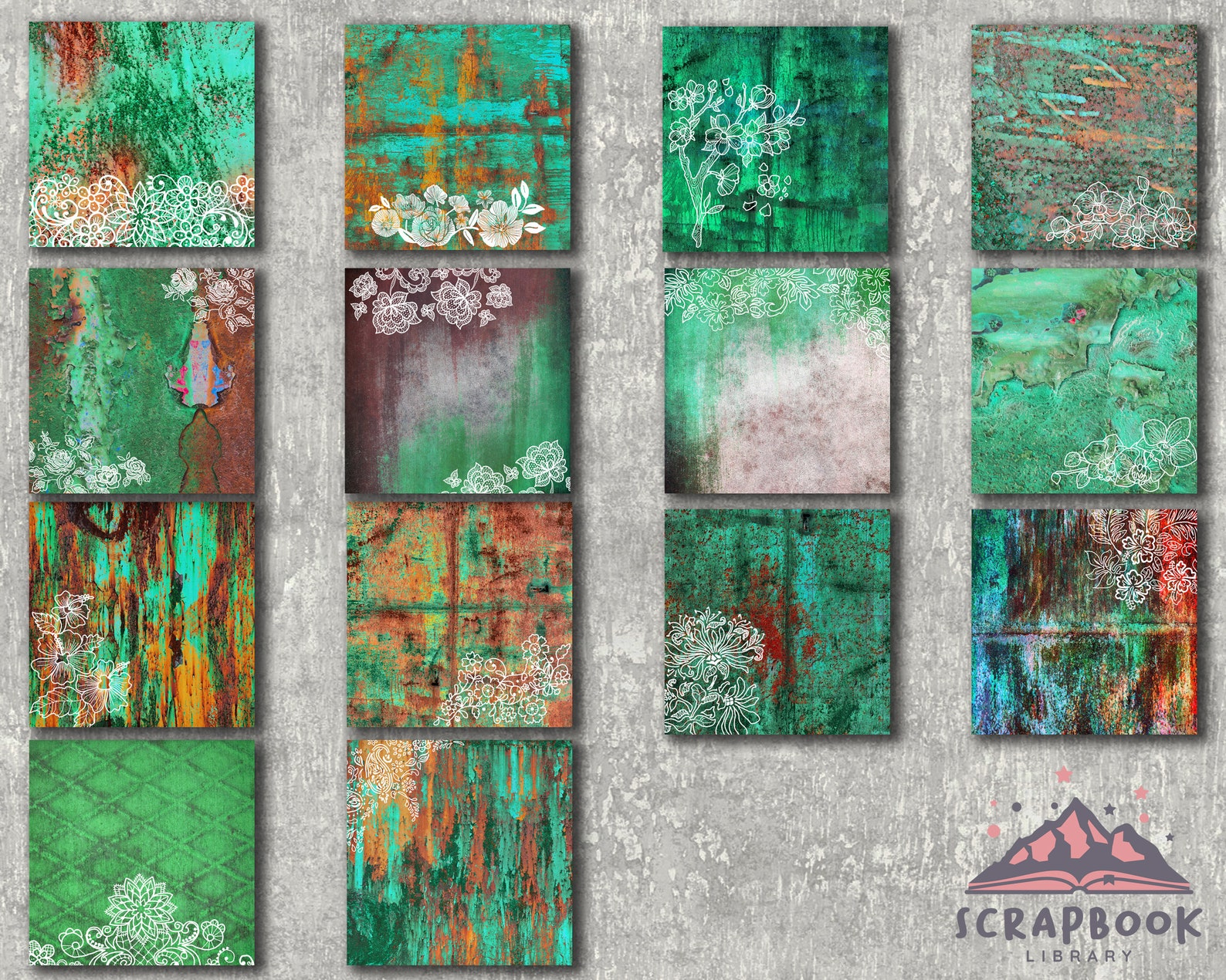 White Flower Lace Patina Paper Textures, Distressed Copper Backgrounds ...