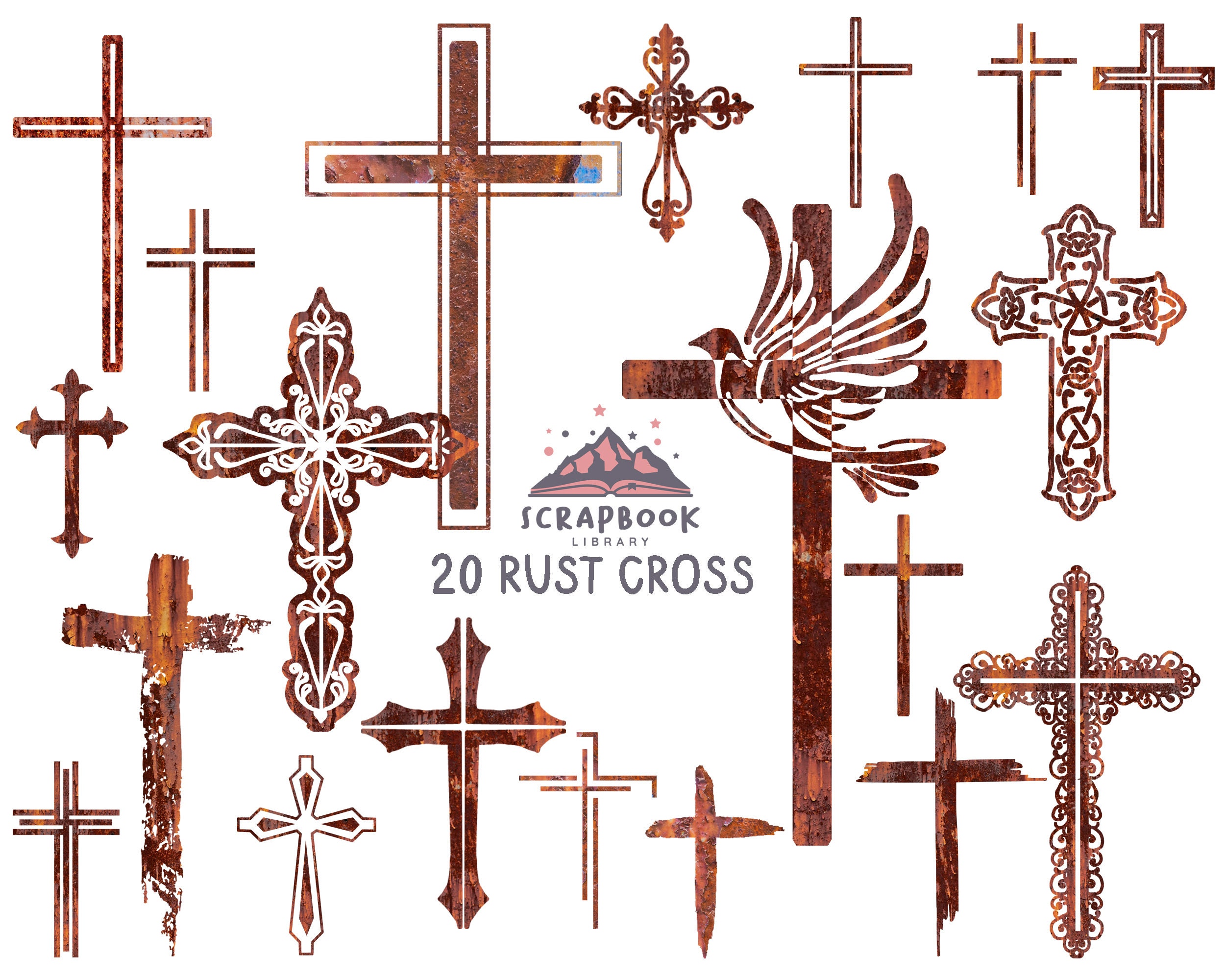 20 Cross Digital Clipart, Rust Pattern Cross, Cross Design, Dove, Jesus ...