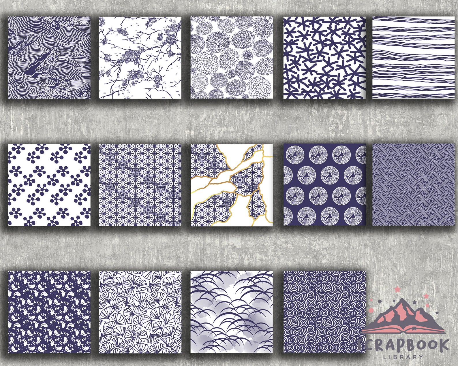 Japanese Washi Digital Paper, Japanese Elements Pattern Paper ...