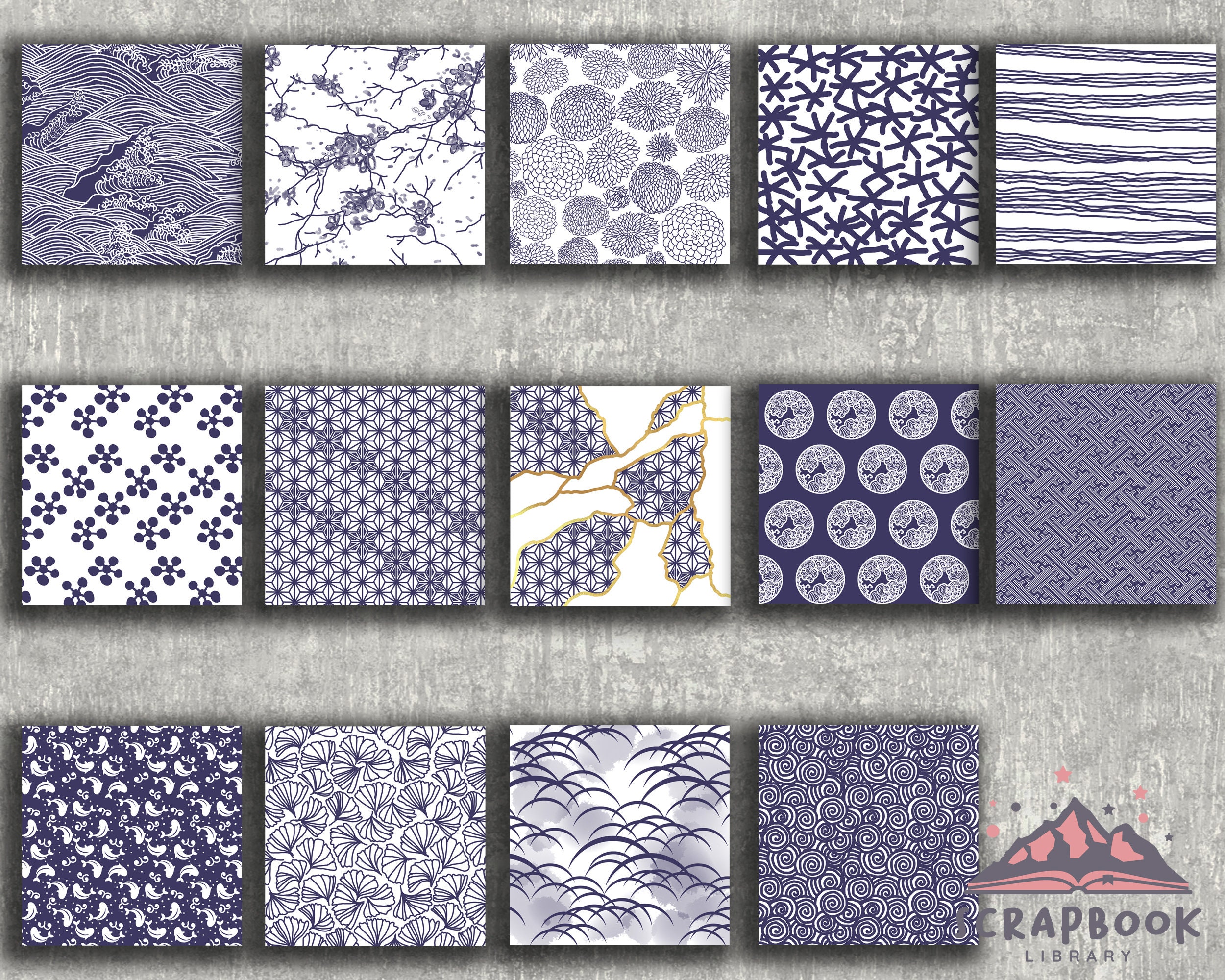 Japanese Washi Digital Paper, Japanese Elements Pattern Paper ...
