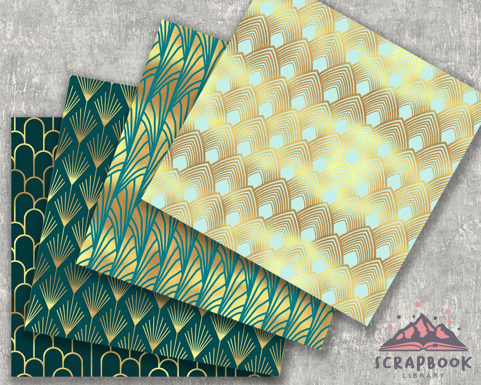 Art Deco Pattern Paper, Turquoise Geometrical Shape, Teal and Gold ...