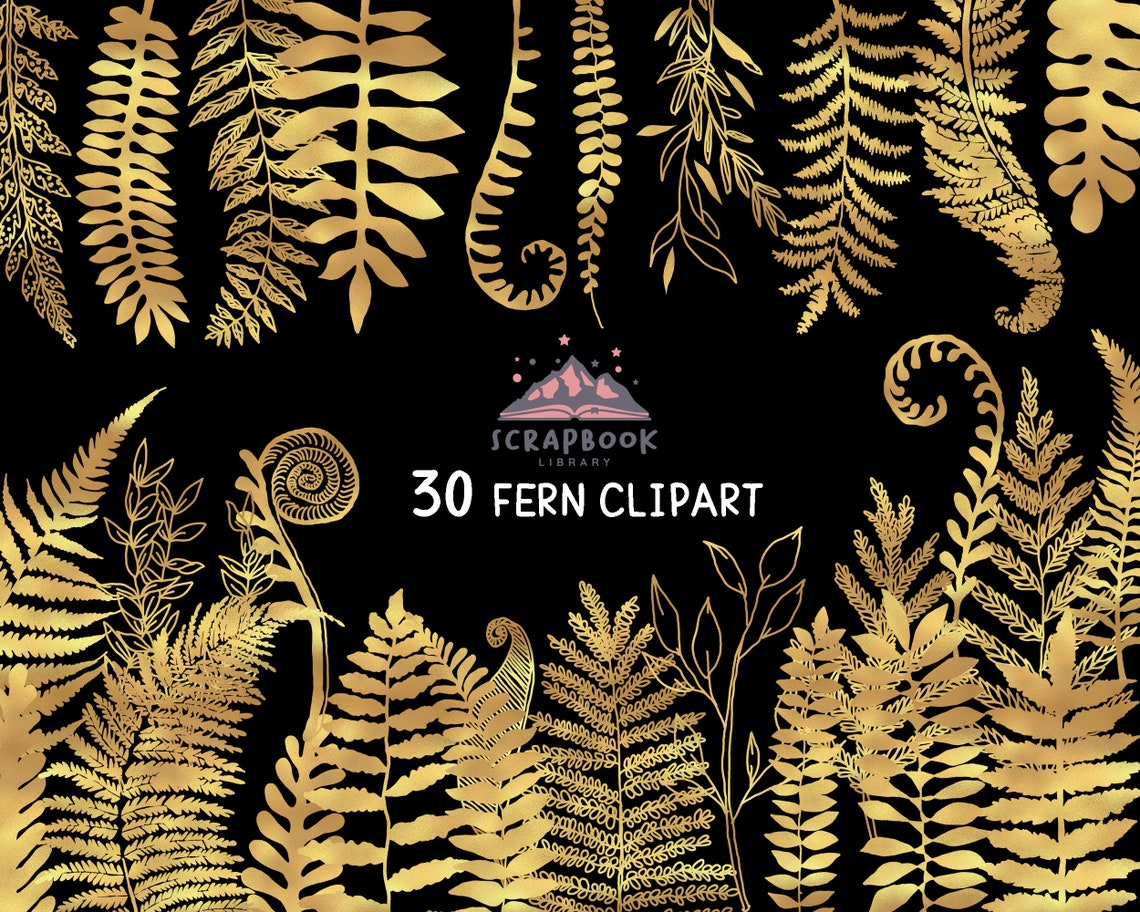 30 Gold Foil Fern Ornaments Clipart, Fern Pattern, Fern Leaves Fern ...