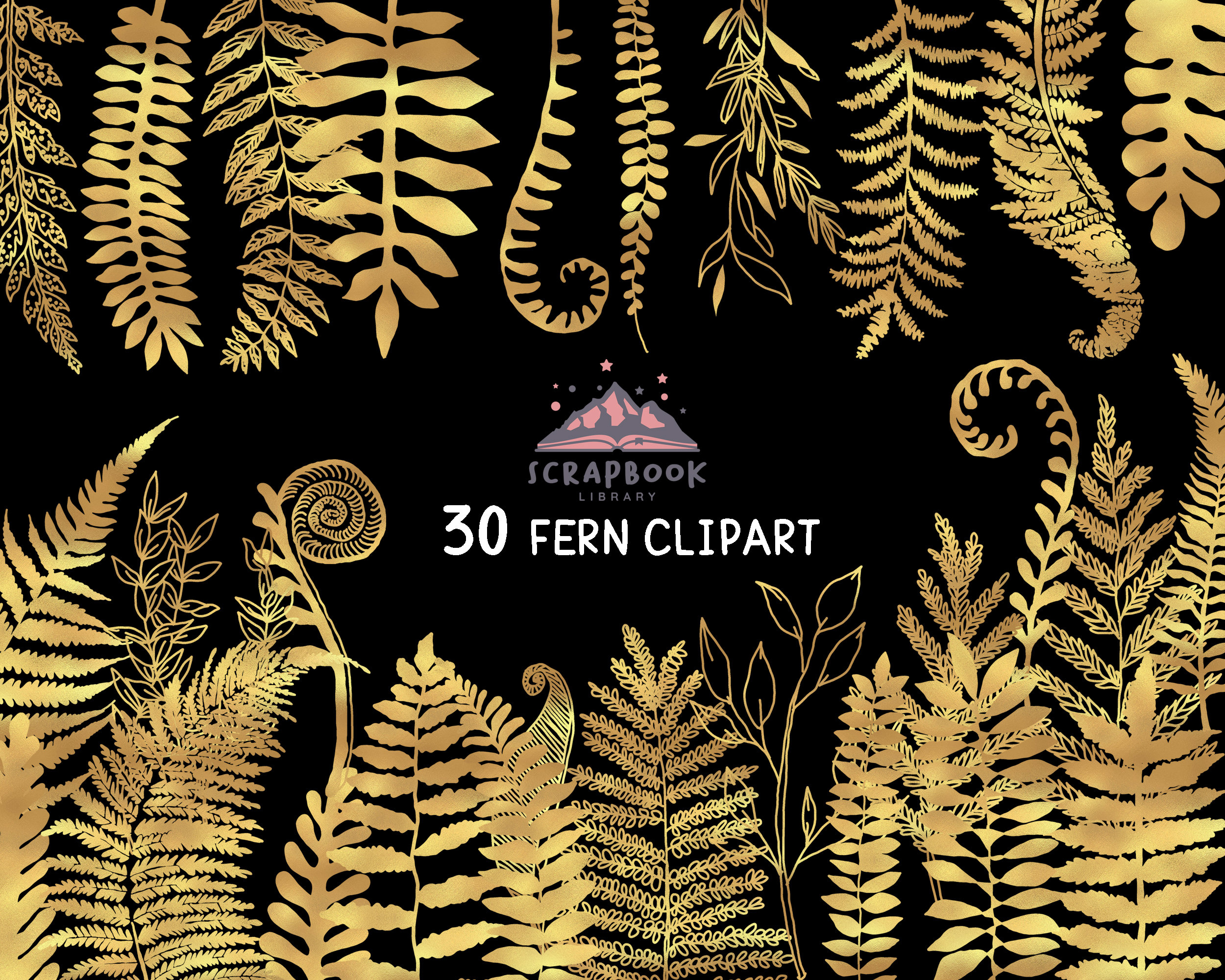 30 Gold Foil Fern Ornaments Clipart, Fern Pattern, Fern Leaves Fern ...