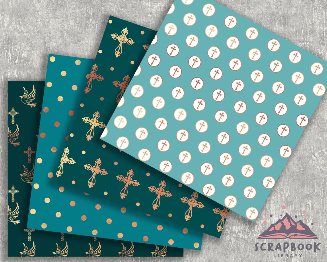 Teal & Copper Holy Cross Digital Paper, First Communion, Religious ...