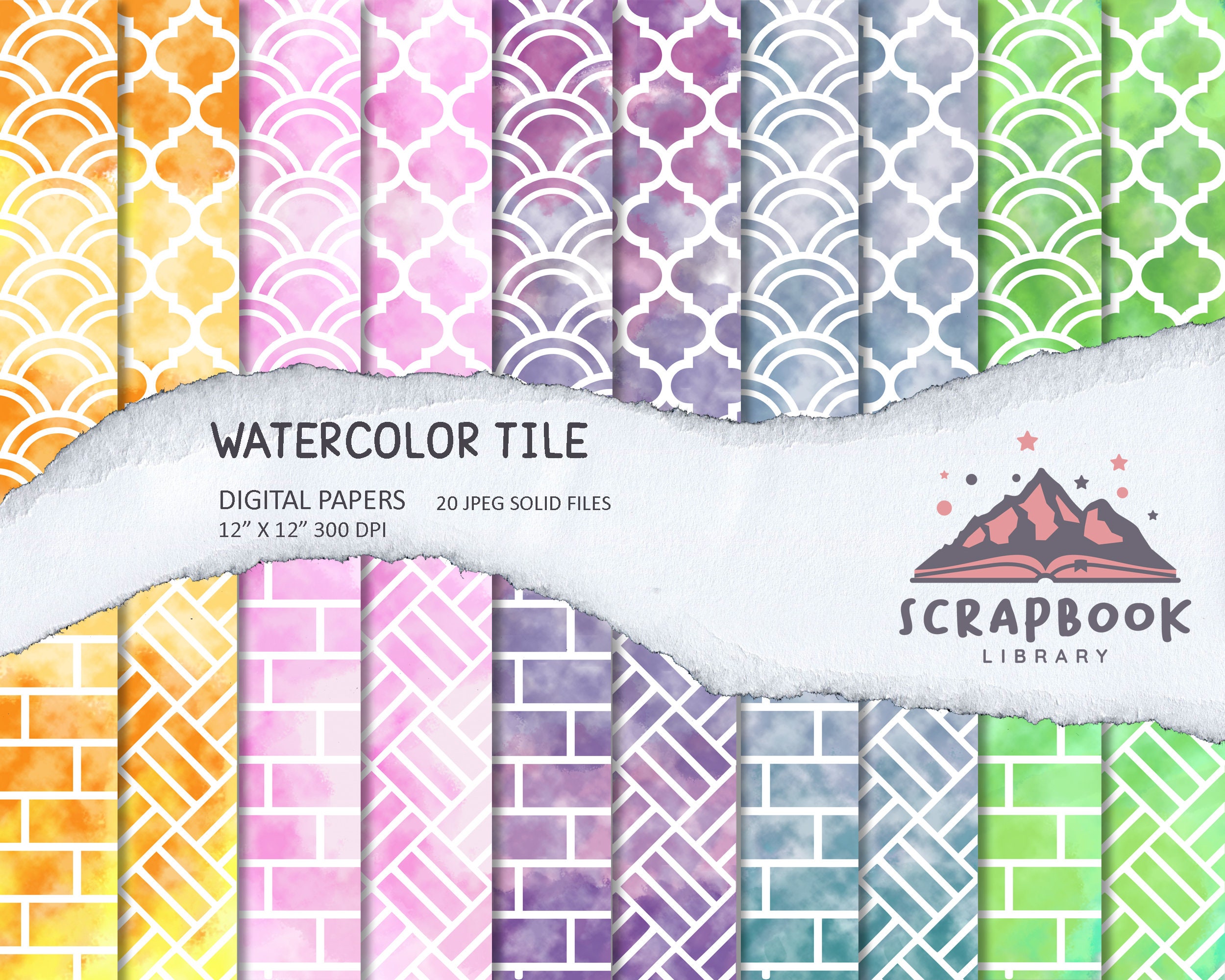 Watercolor Tile Pattern Digital Paper,brick Tile,mermaid Tile,moroccan ...