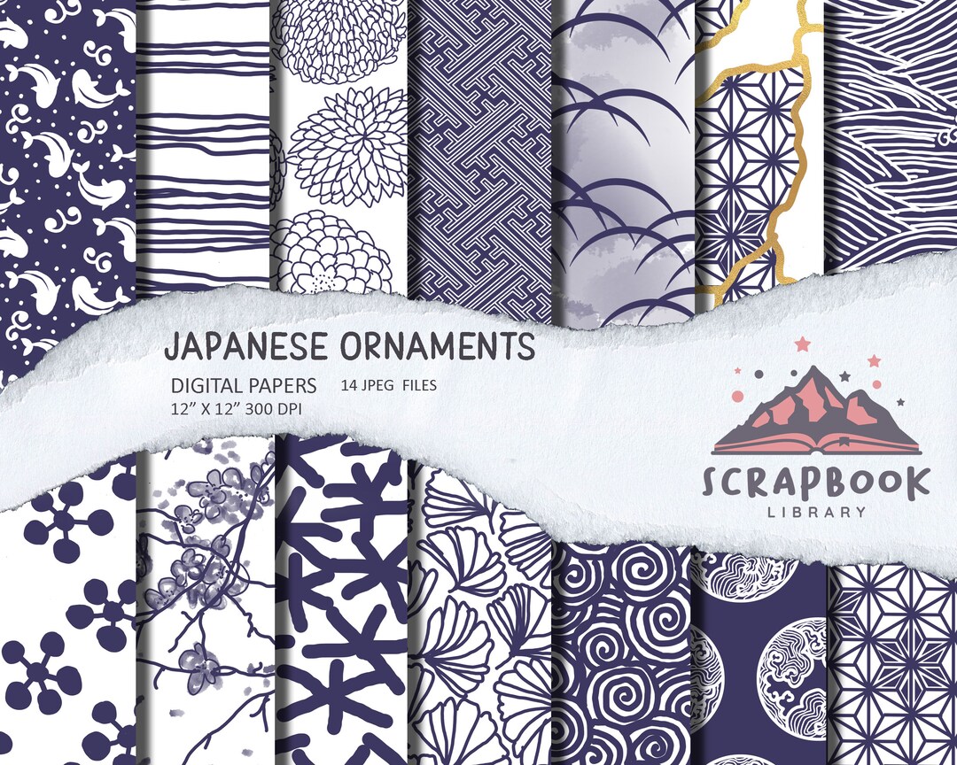 Japanese Washi Digital Paper, Japanese Elements Pattern Paper ...