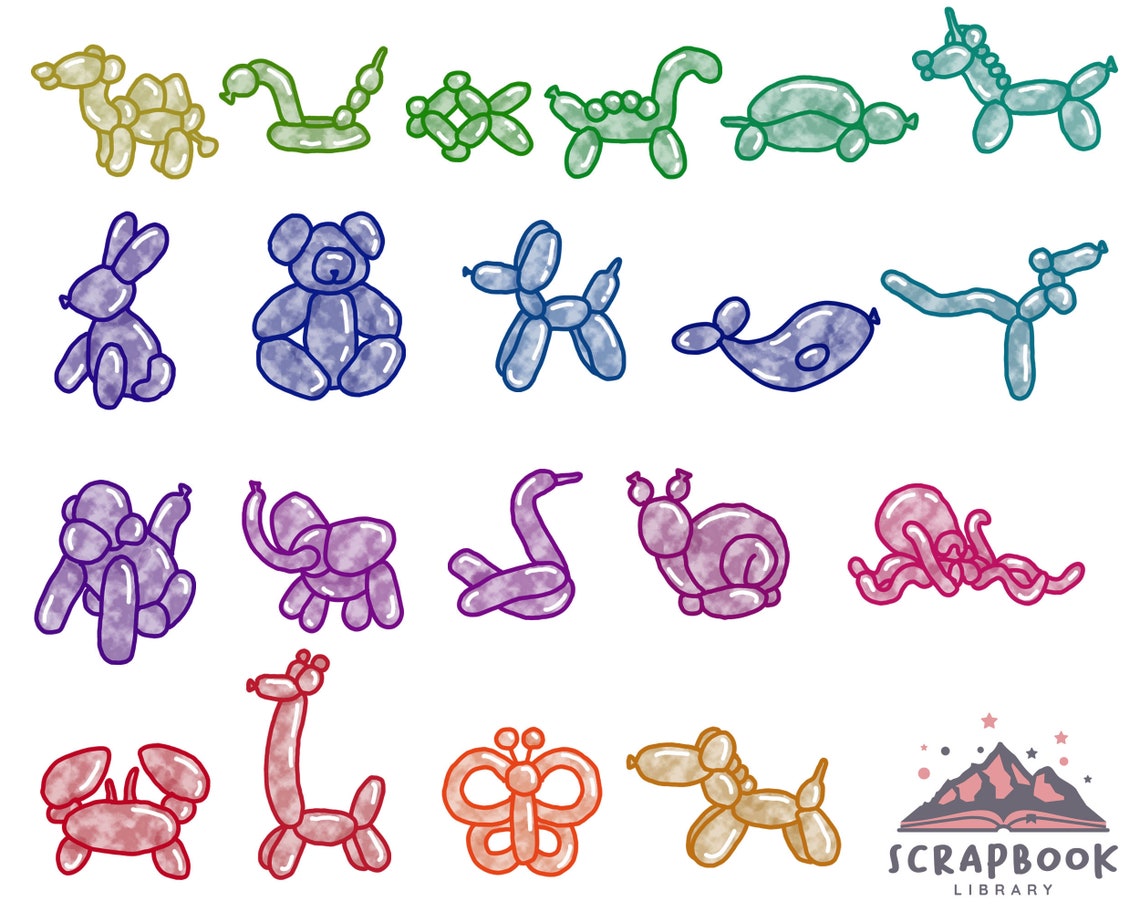 Balloon Animal Clipart, Colorful Party Animal Pattern, Rainbow Color ...