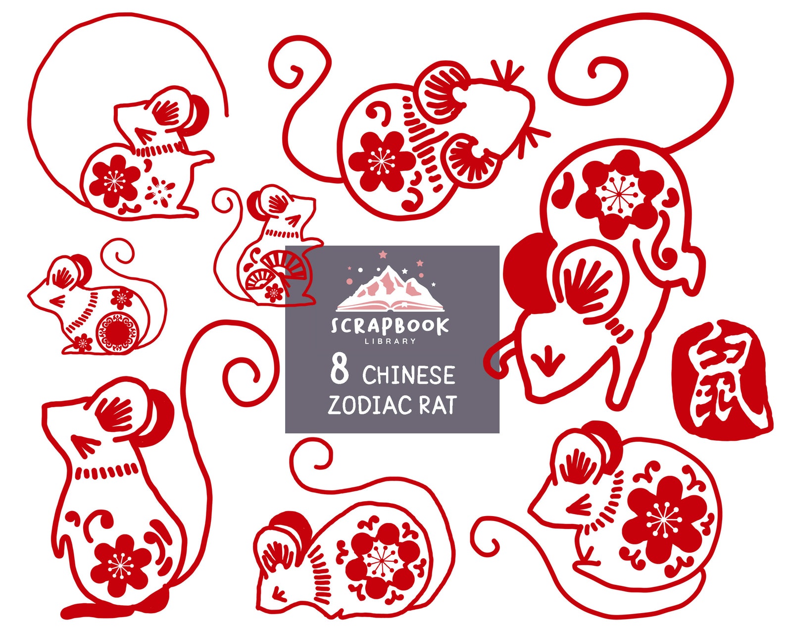 8 Chinese Zodiac Rat Ornaments Clipart, Asian Rats Pattern, Authentic ...