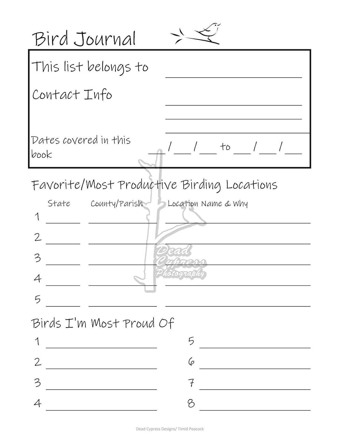 Bird Journal Printable PDF Bird Logbook Bird Watching Bird - Etsy France