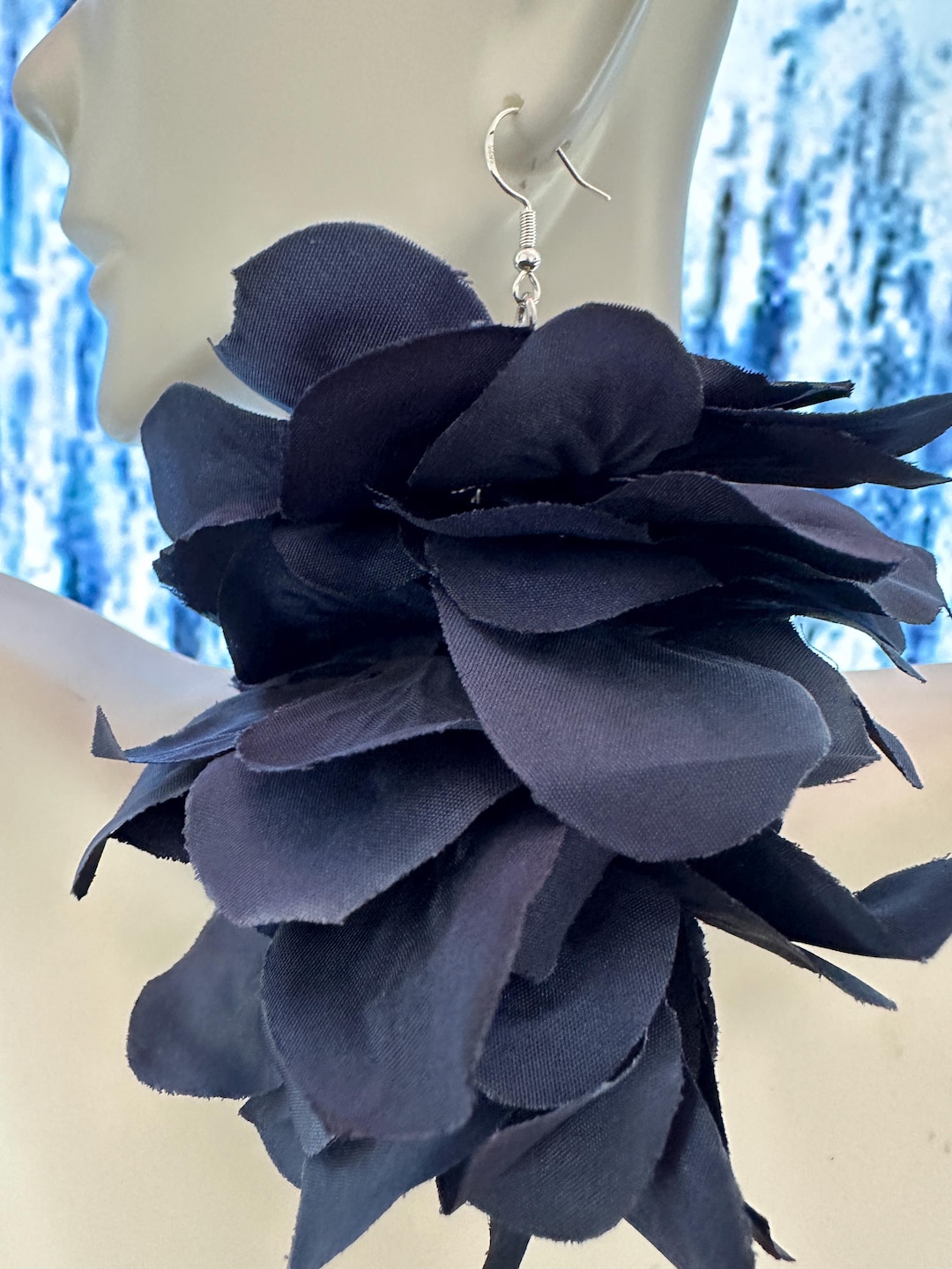 Navy Blue Flower Earrings, Navy Blue Faux Flower Earrings, Blue Long ...