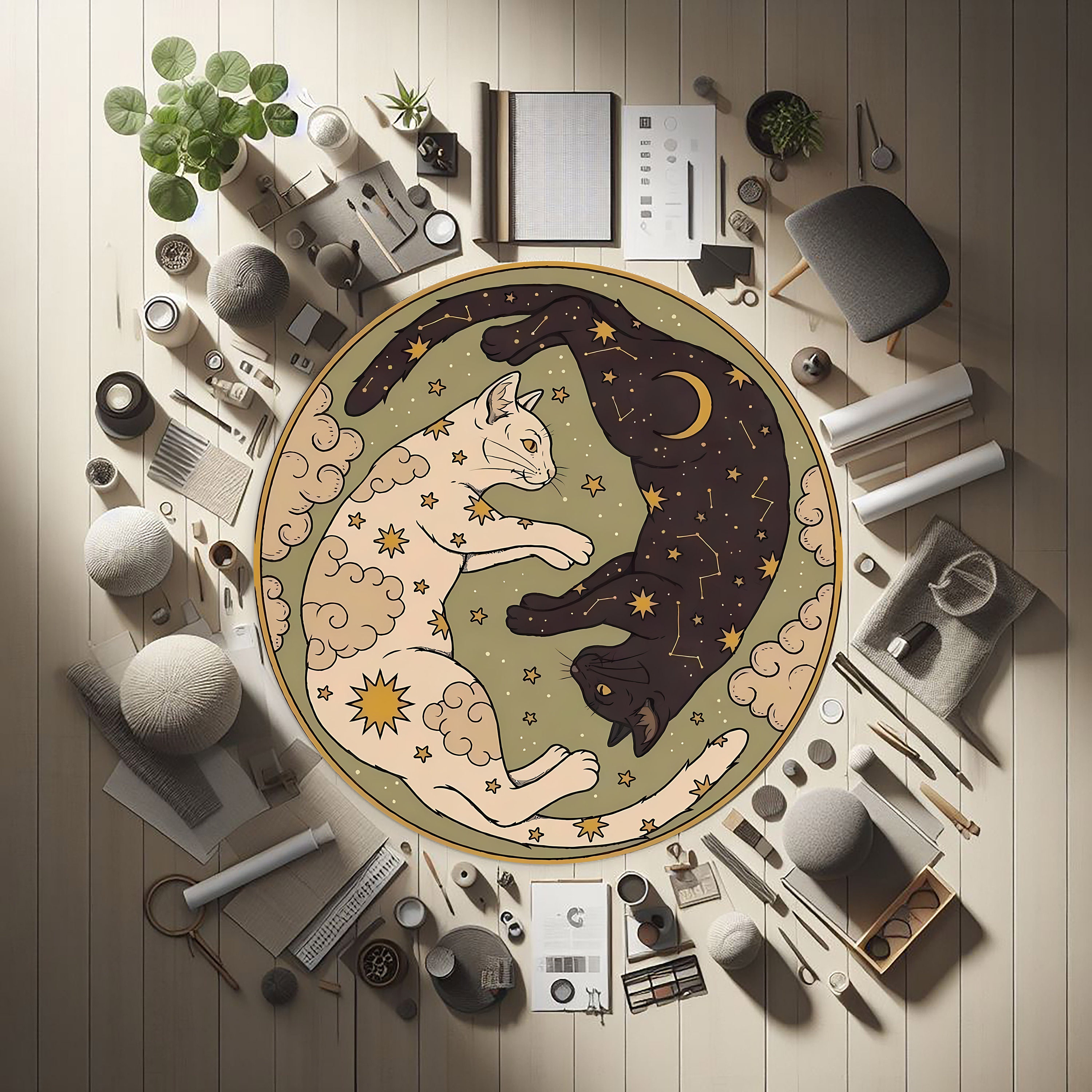 Cat Round Rug, Moon Cat Rugs, Animal Rug, Boho Rug, Round Rug ...