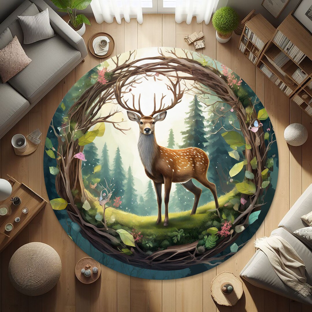 Deer Round Rug for Farmhouse, Deer Design Area Rug, Forest Area Rug ...