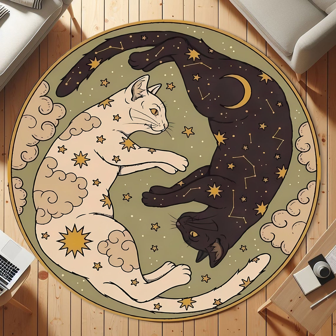 Cat Round Rug, Moon Cat Rugs, Animal Rug, Boho Rug, Round Rug ...