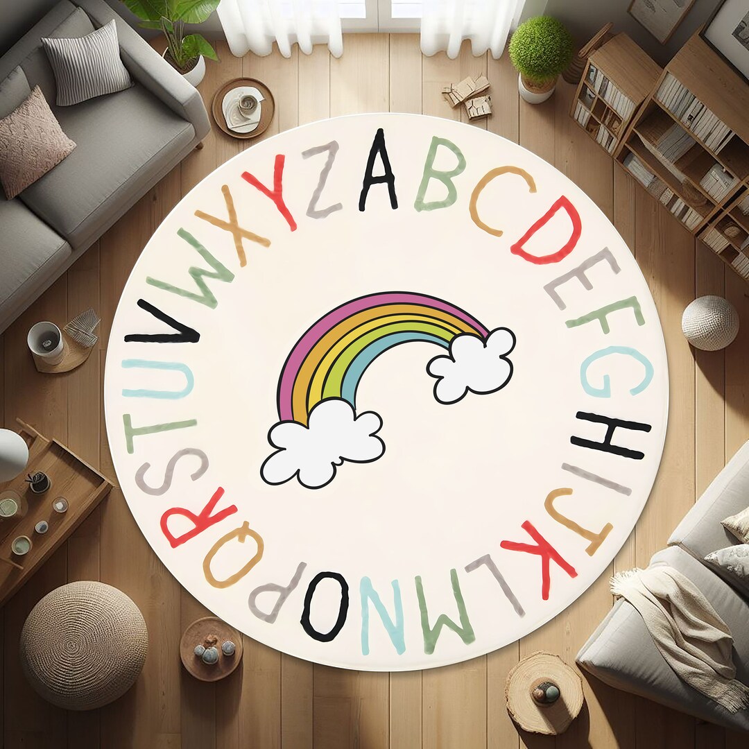 Alphabet Round Rug for Kids Play Room, Educational Rug, Rainbow Kids ...