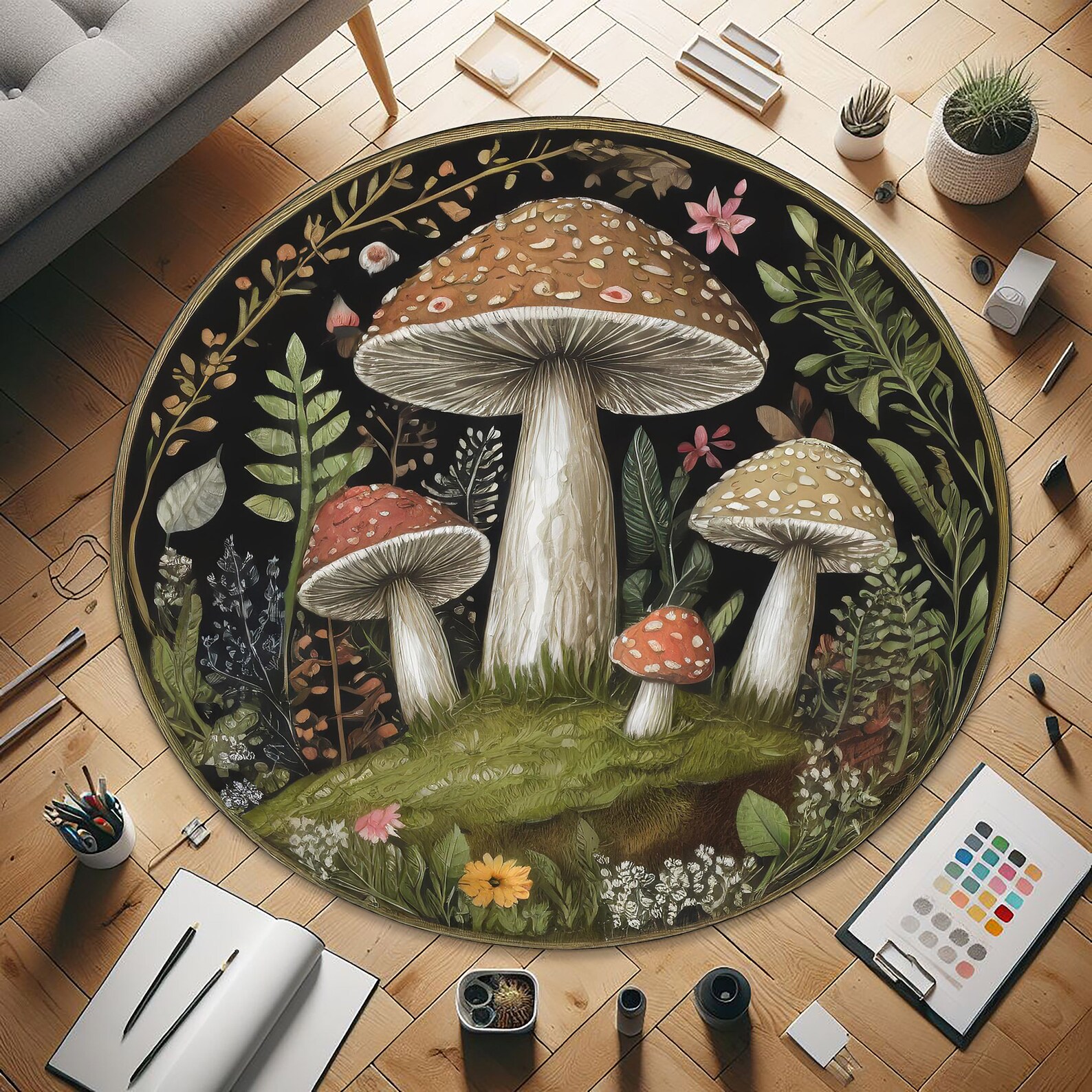 Colorful Mushroom Round Rug, Colorful Round Hippy Rug for Bedroom ...