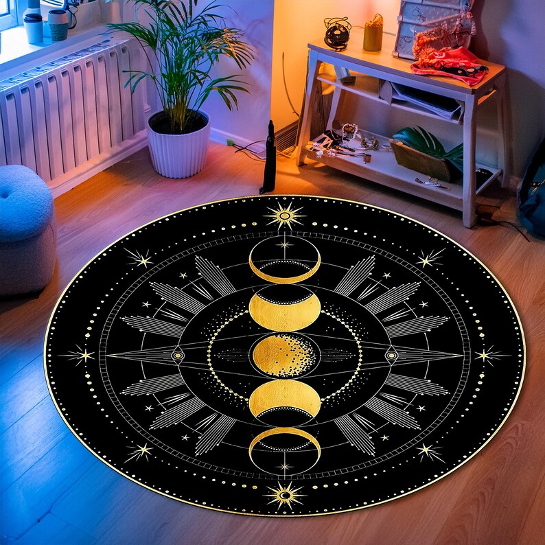 Celestial Round Rug, Gothic Moon Phases Rug, Gold Moon Mat, Witch ...