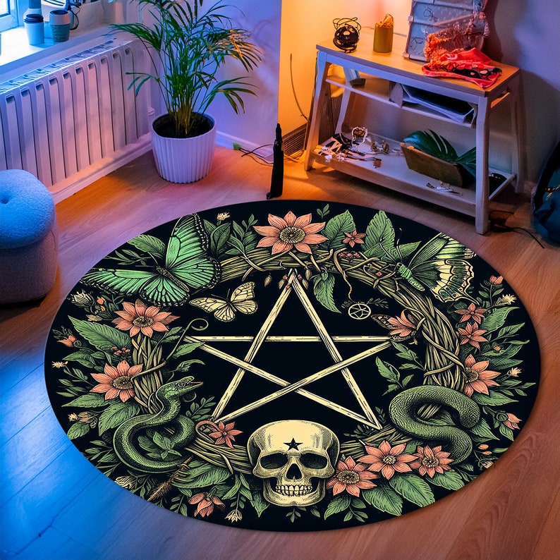 Nature Pentacle Round Rug, Wood Themed Round Rug, Psychedelic Gothic ...
