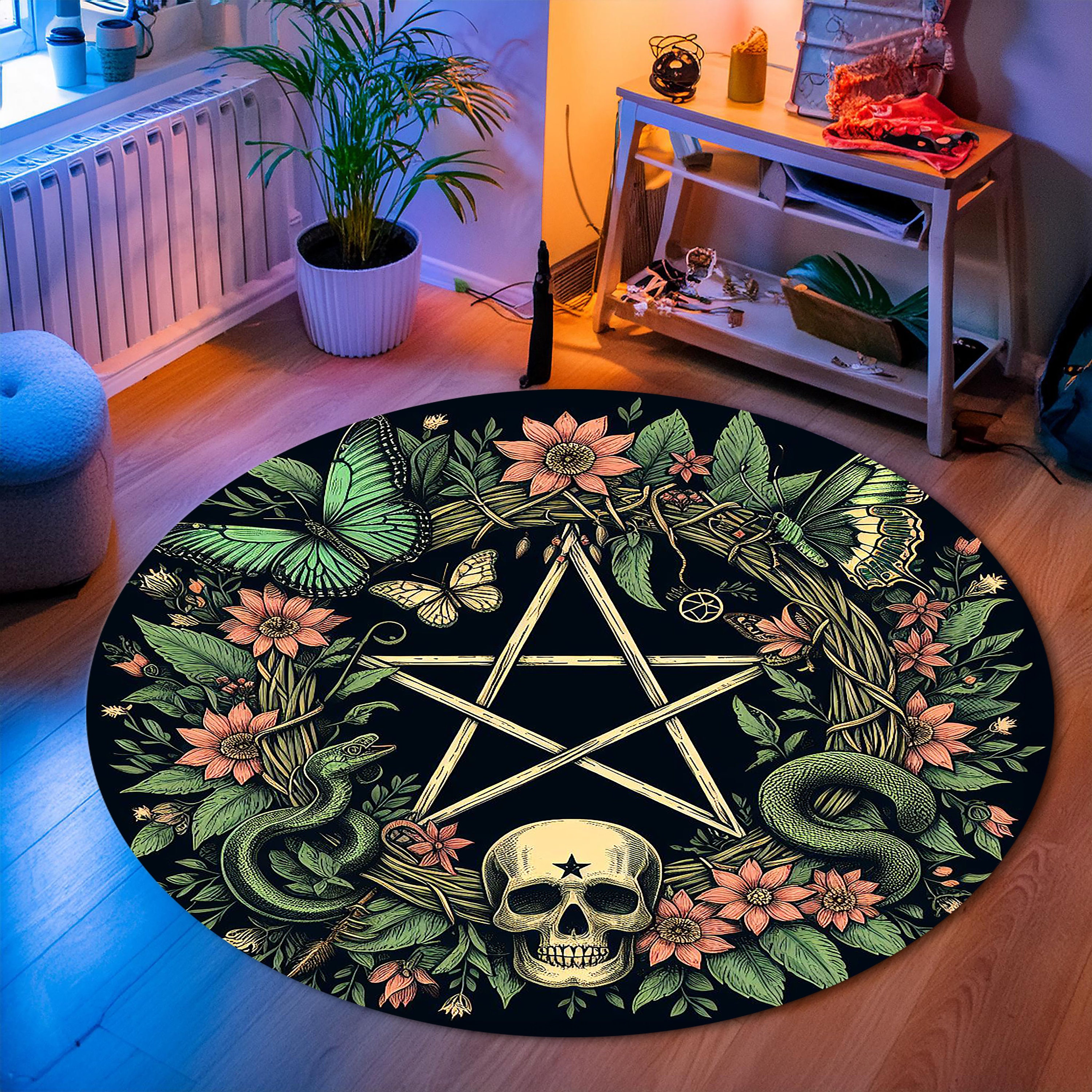 Nature Pentacle Round Rug, Wood Themed Round Rug, Psychedelic Gothic ...