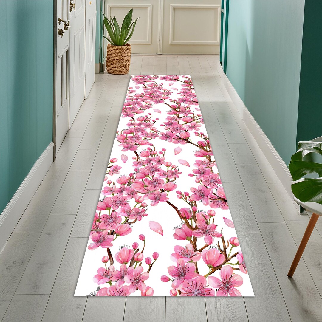 Japanese Floral Runner Rug, Cherry Blossom Design Rug, Pink Tree Rug ...