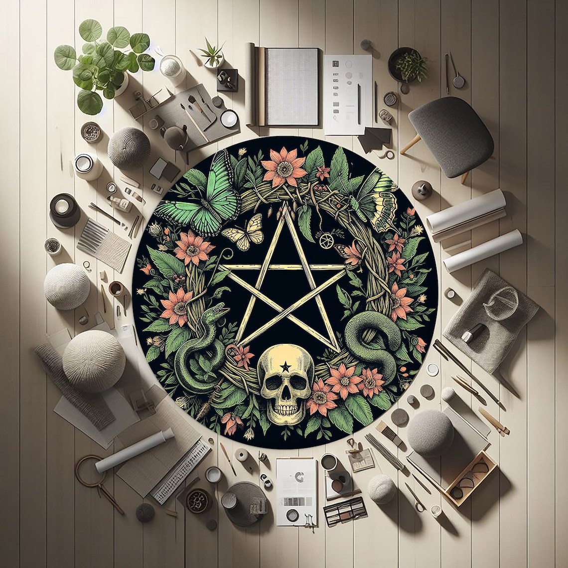 Nature Pentacle Round Rug, Wood Themed Round Rug, Psychedelic Gothic ...