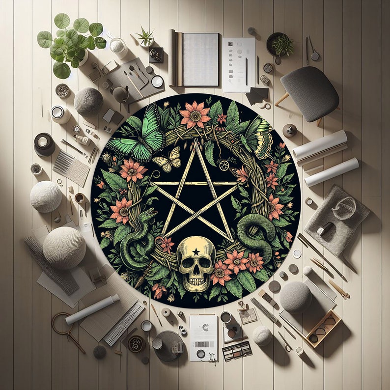 Nature Pentacle Round Rug, Wood Themed Round Rug, Psychedelic Gothic ...