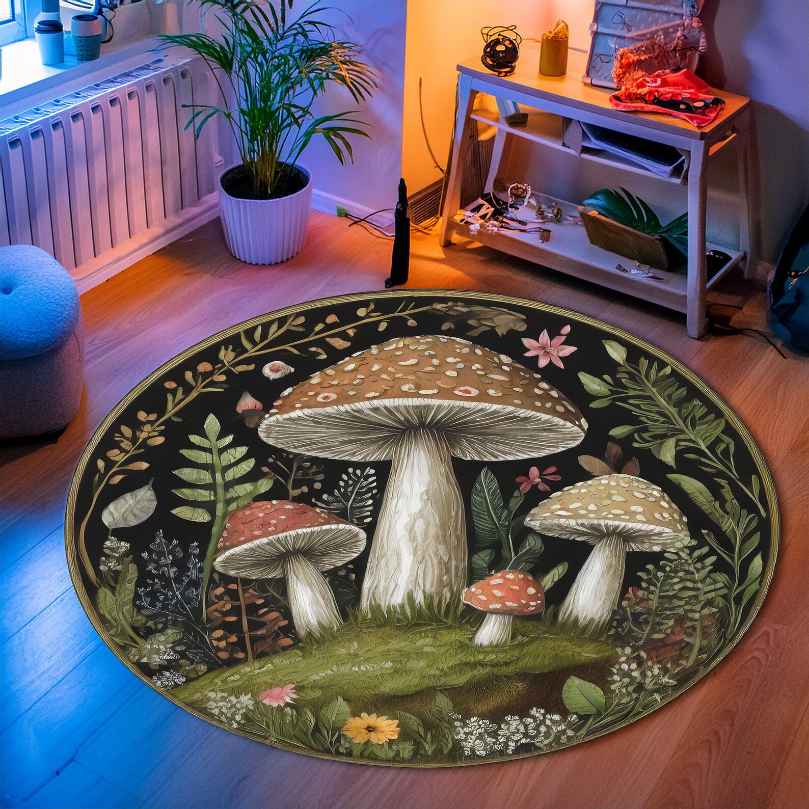 Colorful Mushroom Round Rug, Colorful Round Hippy Rug for Bedroom ...