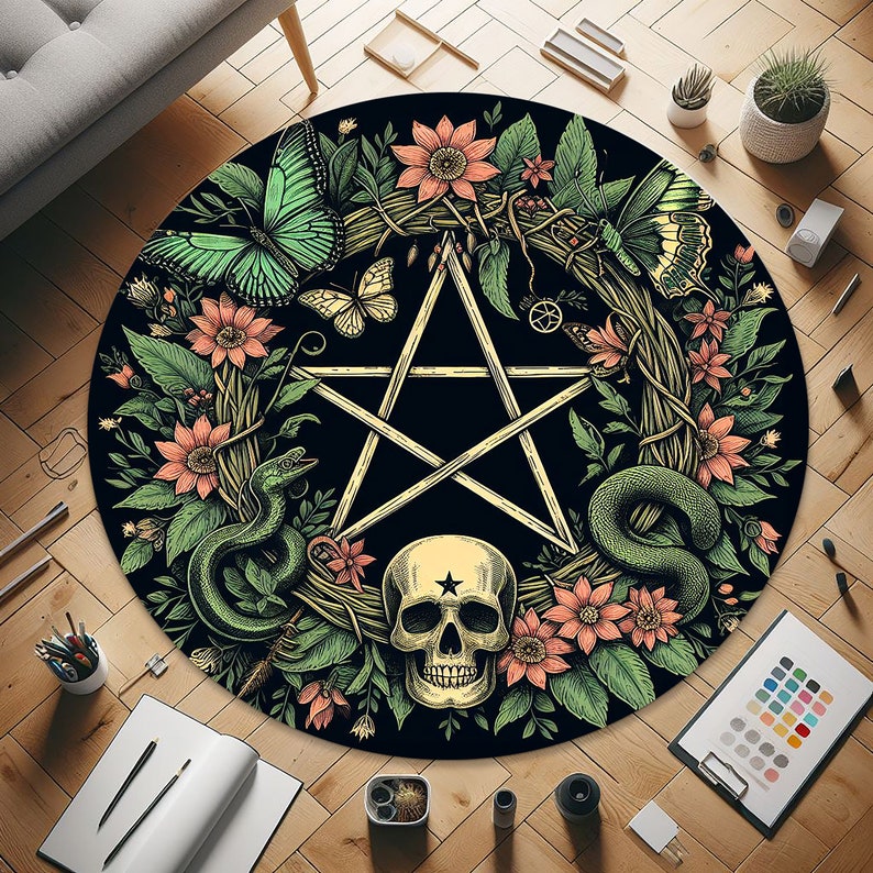 Nature Pentacle Round Rug, Wood Themed Round Rug, Psychedelic Gothic ...