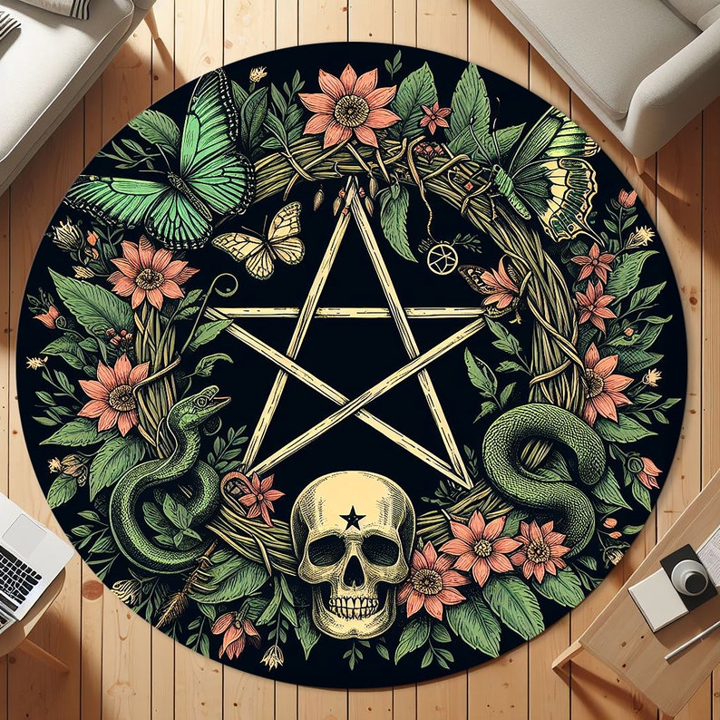Nature Pentacle Round Rug, Wood Themed Round Rug, Psychedelic Gothic ...