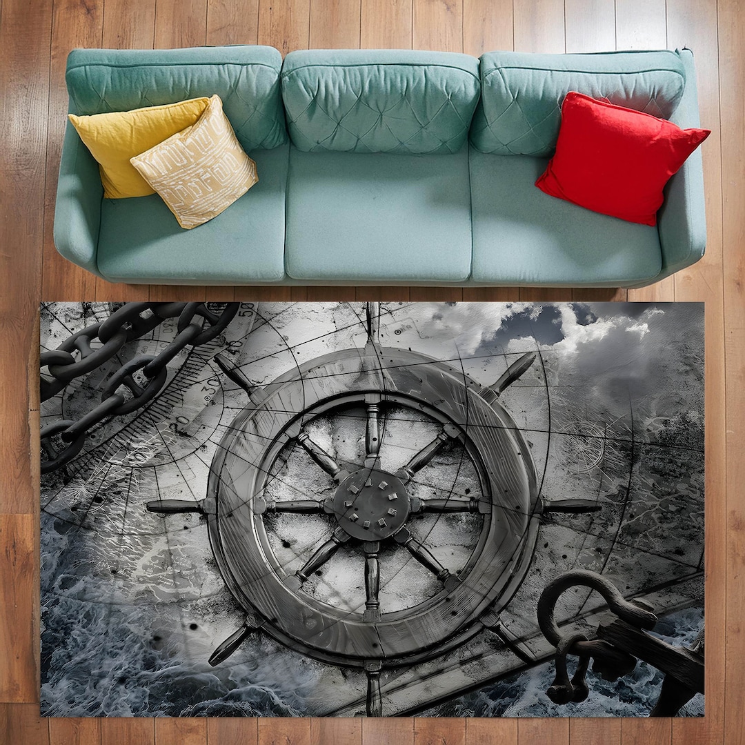 Captain Ships Wheel Rug Art, Fishing Boat Rug, Ocean Boat Rug, Nautical ...