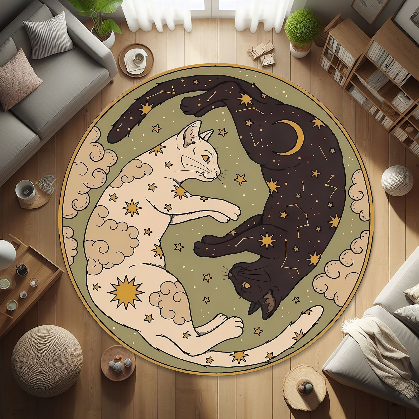 Cat Round Rug, Moon Cat Rugs, Animal Rug, Boho Rug, Round Rug ...