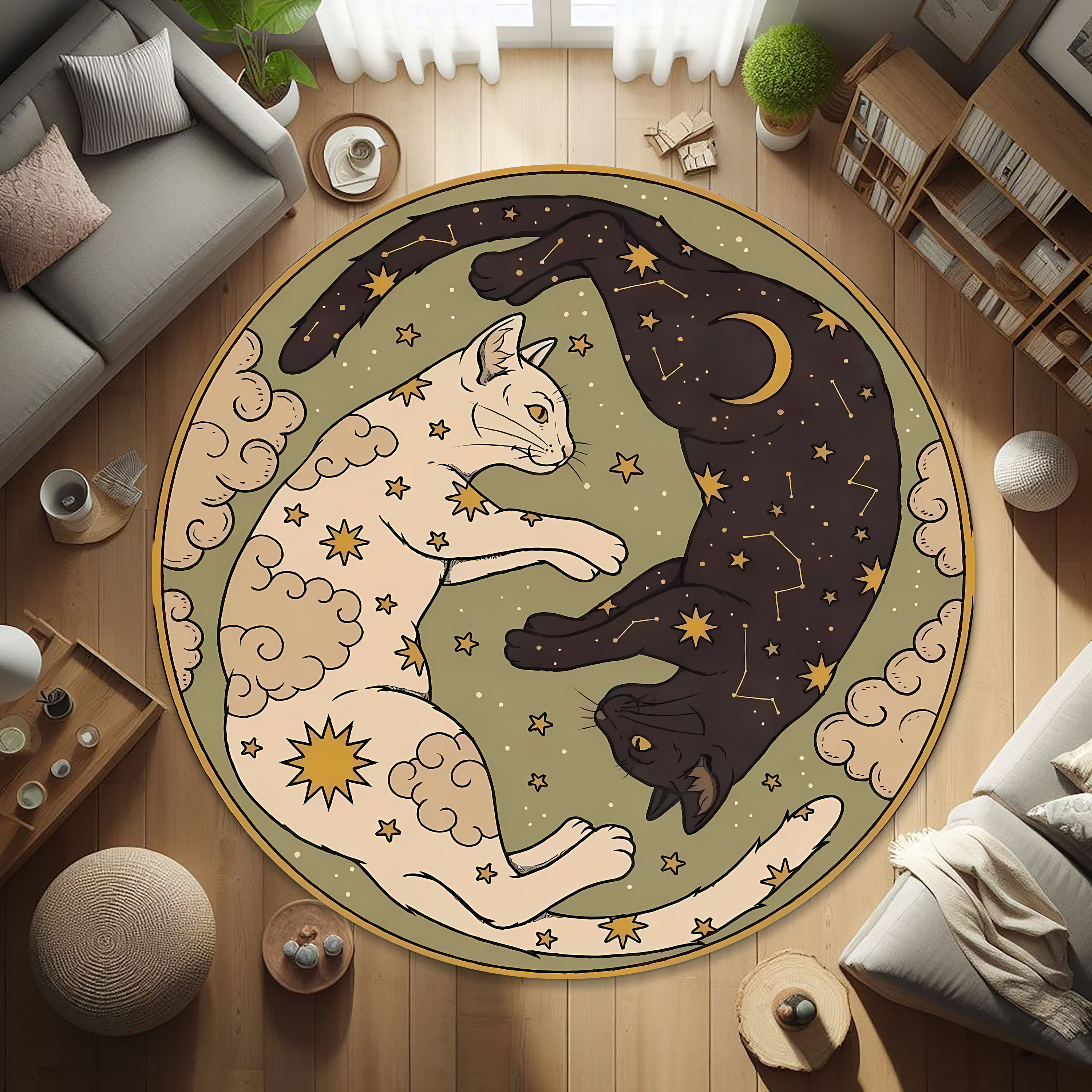 Cat Round Rug, Moon Cat Rugs, Animal Rug, Boho Rug, Round Rug ...