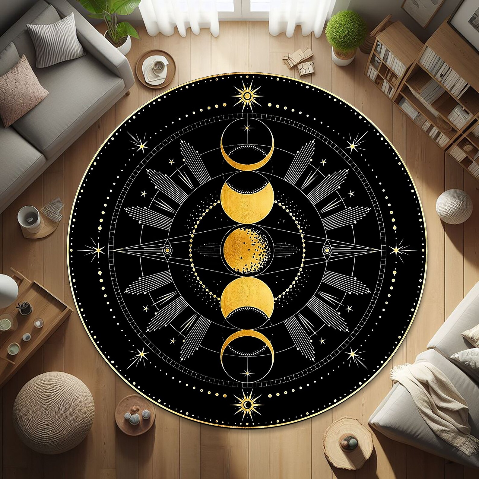 Celestial Round Rug, Gothic Moon Phases Rug, Gold Moon Mat, Witch ...