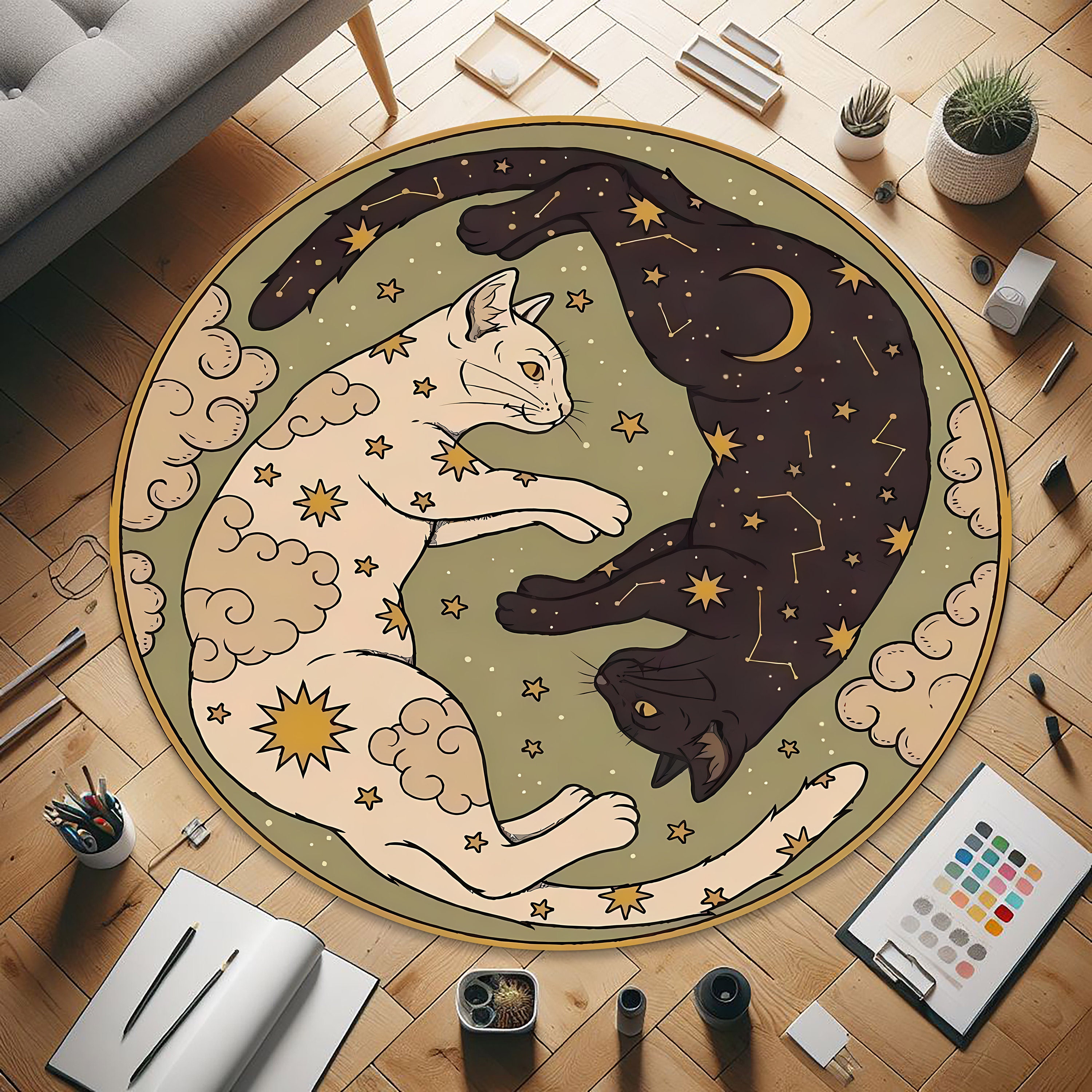 Cat Round Rug, Moon Cat Rugs, Animal Rug, Boho Rug, Round Rug ...